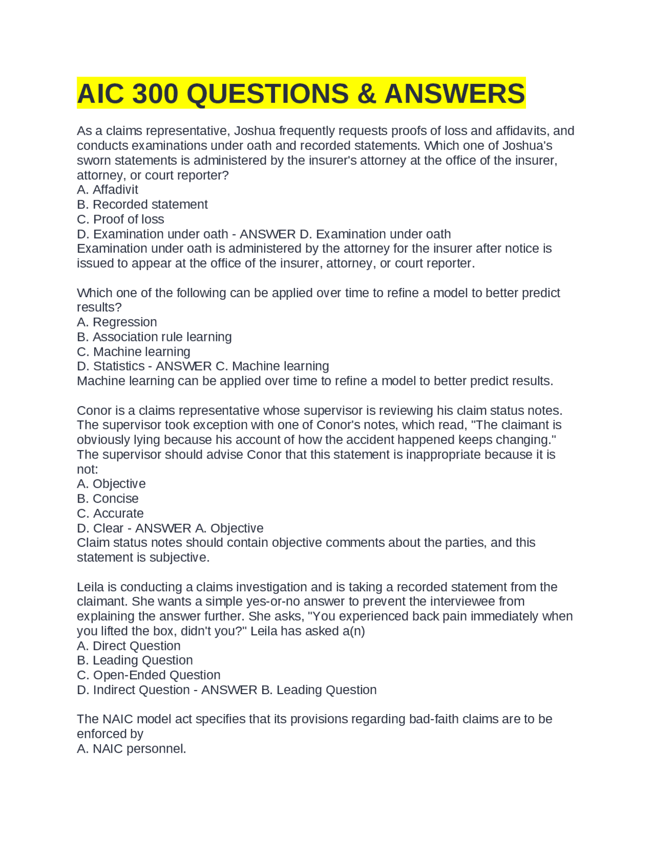AIC 300 QUESTIONS & ANSWERS | Exams Insurance Economics | Docsity