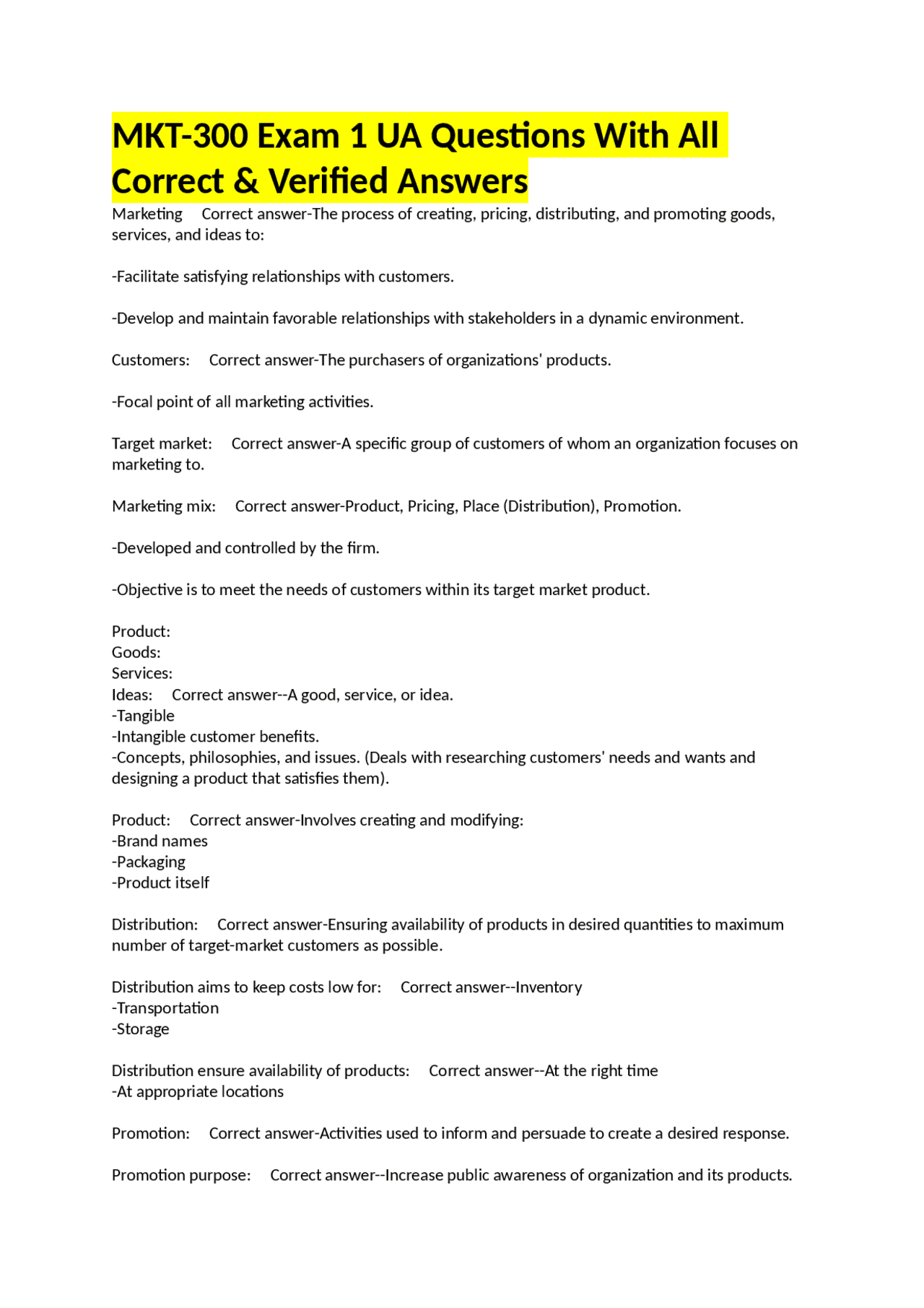 MKT-300 Exam 1: Marketing Fundamentals Questions and Answers | Exams ...