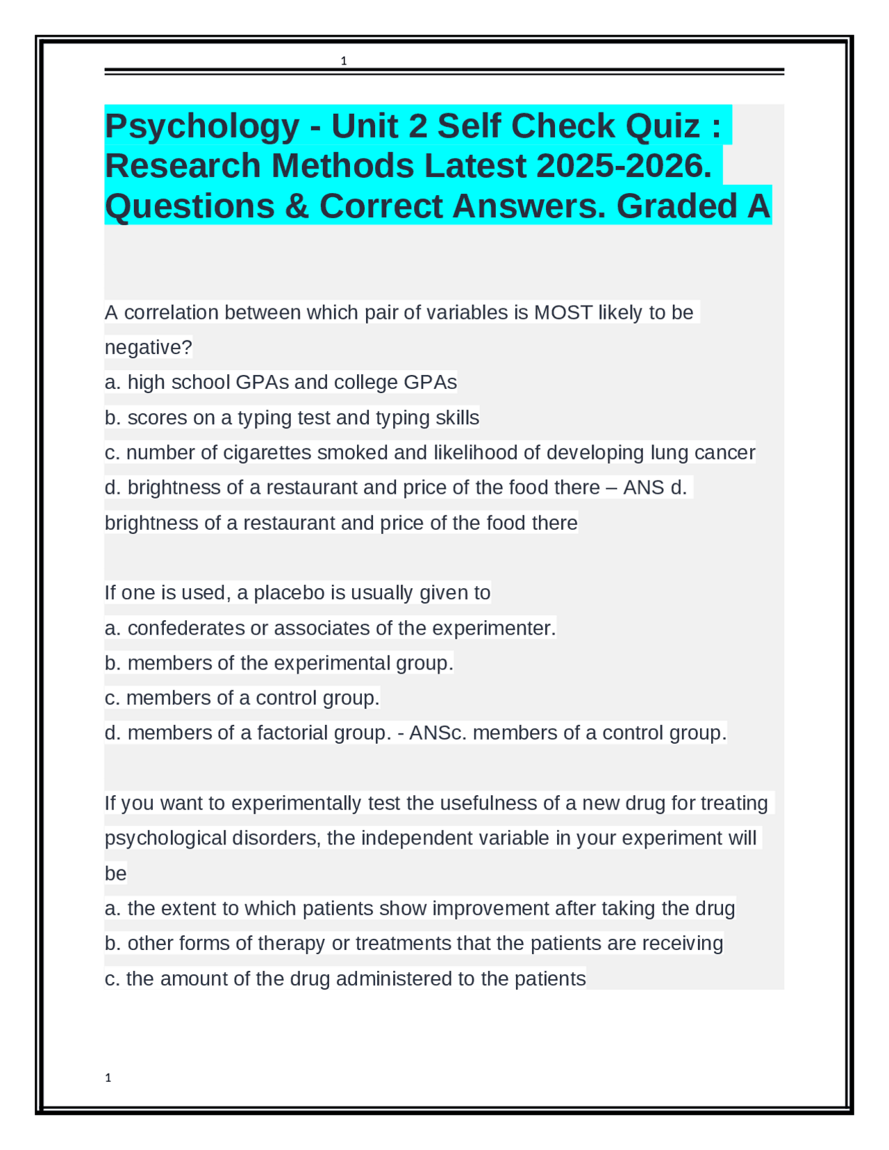 Psychology - Unit 2 Self Check Quiz : Research Methods Latest 2025-2026 ...