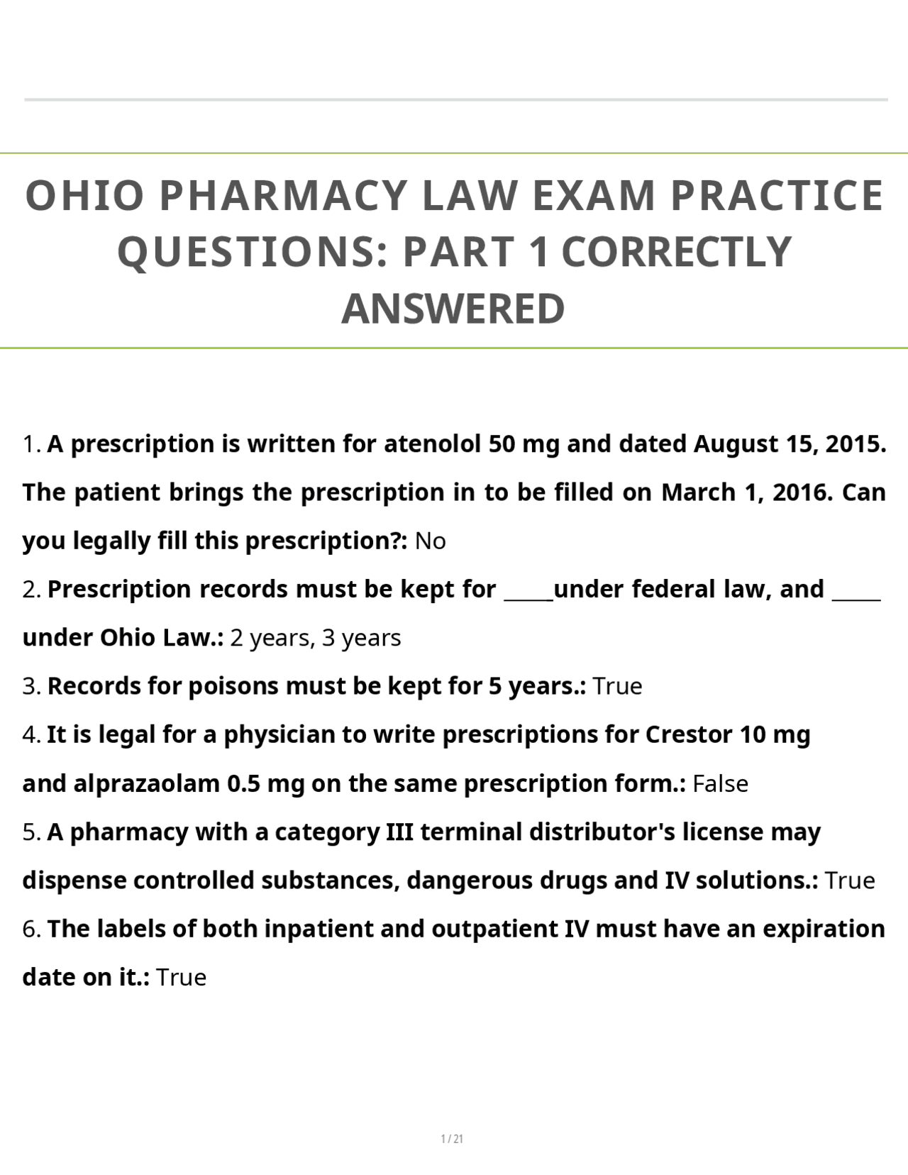 OHIO PHARMACY LAW EXAM PRACTICE QUESTIONS: PART 1 CORRECTLY ANSWERED ...