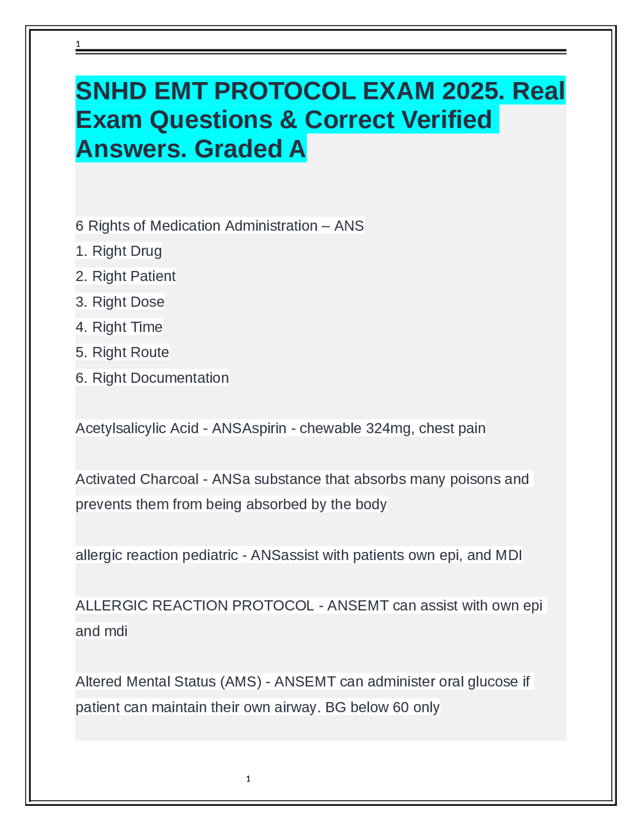 SNHD EMT Protocols Exam 2025: Comprehensive Q&A for Emergency Medical ...