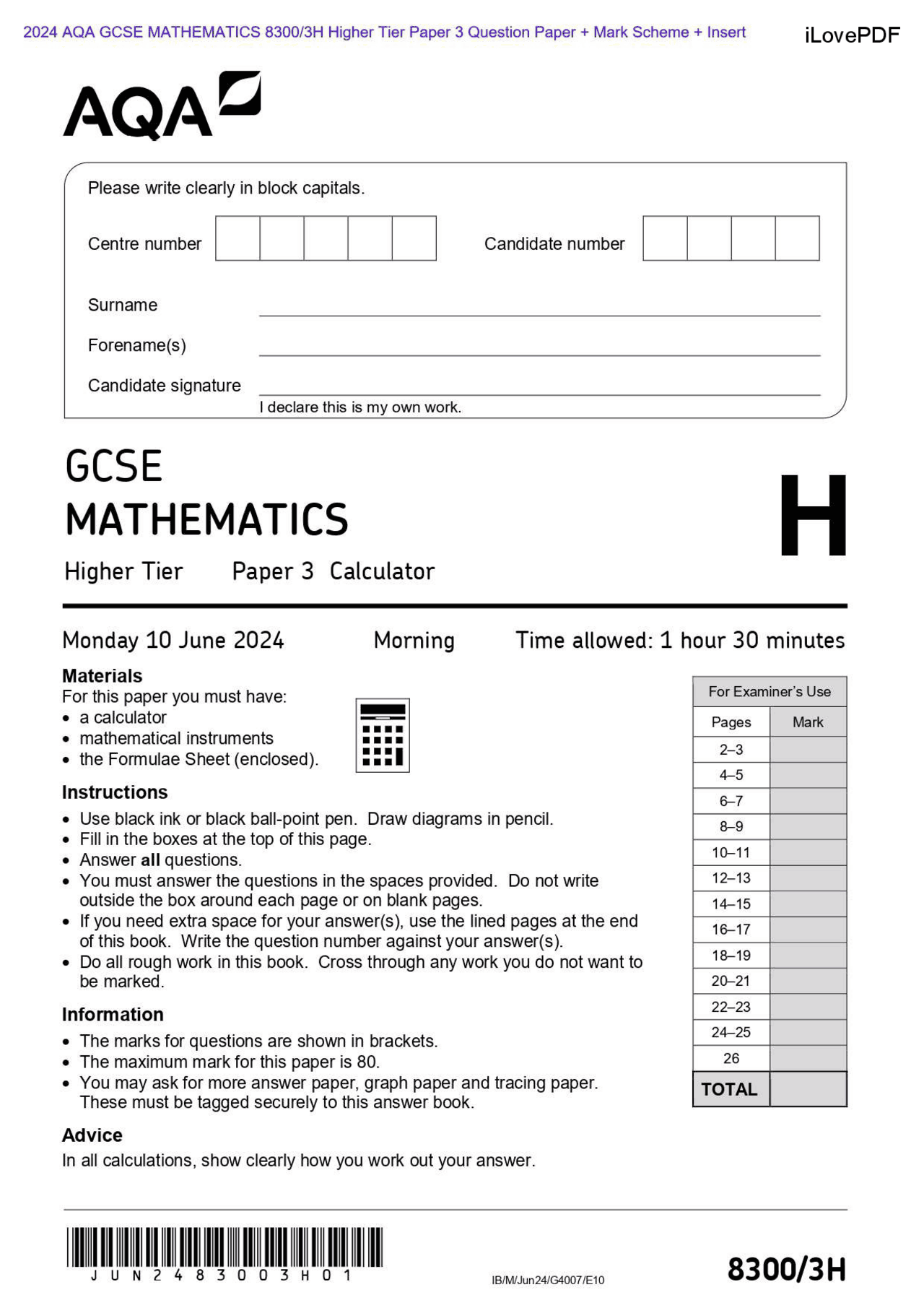 2024 AQA GCSE MATHEMATICS 8300/3H Higher Tier Paper 3 Question Paper + Mark Scheme + Inse ...