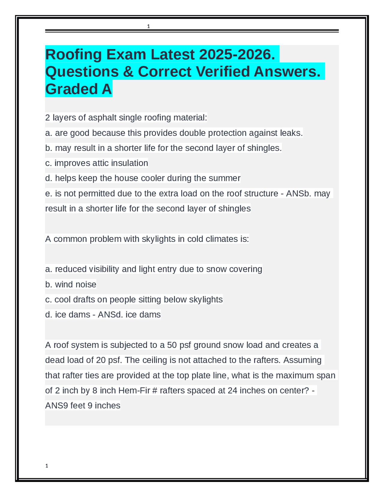 Roofing Exam Latest 2025-2026. Questions & Correct Verified Answers ...