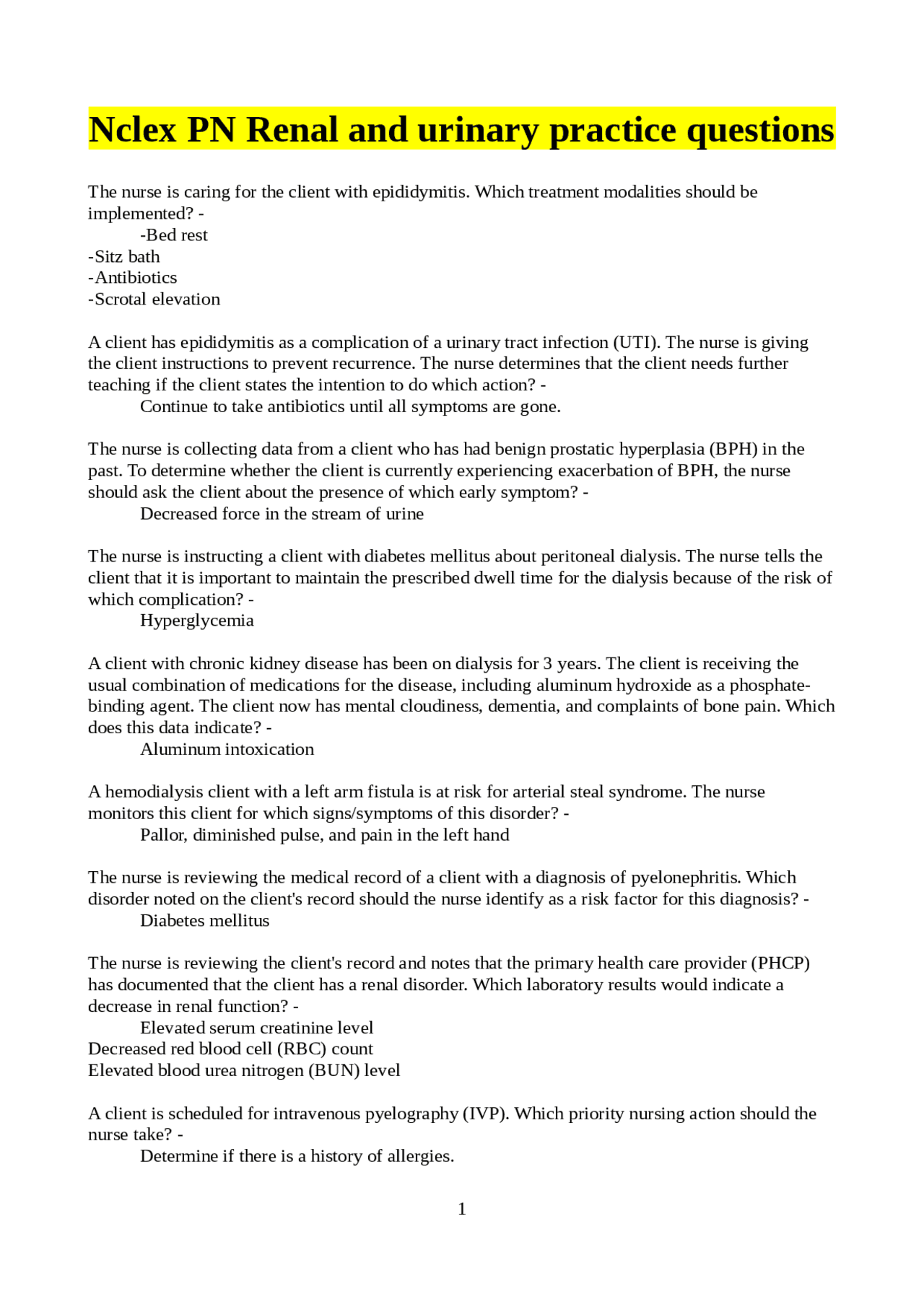 Nclex PN Renal and urinary practice questions | Exams Nursing | Docsity