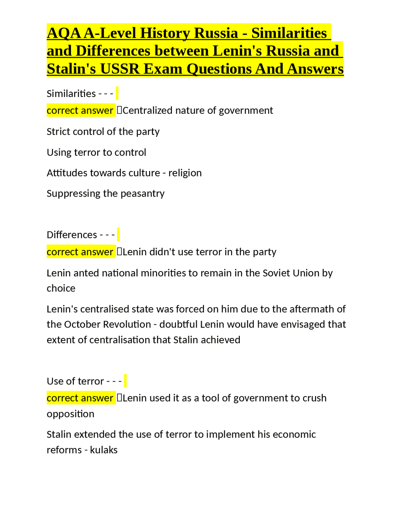 AQA A-Level History Russia - Similarities and Differences between Lenin ...
