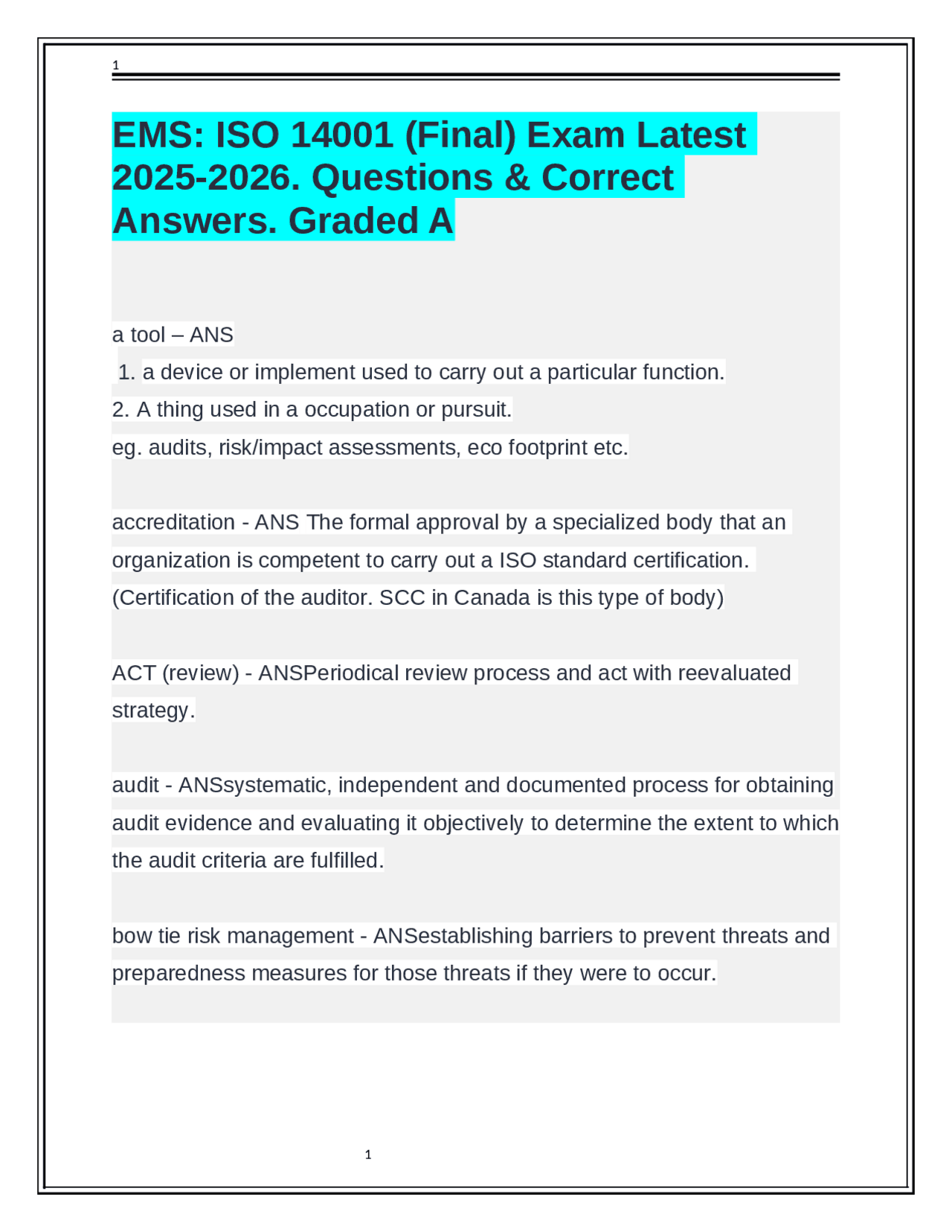 EMS: ISO 14001 (Final) Exam Latest 2025-2026. Questions & Correct ...