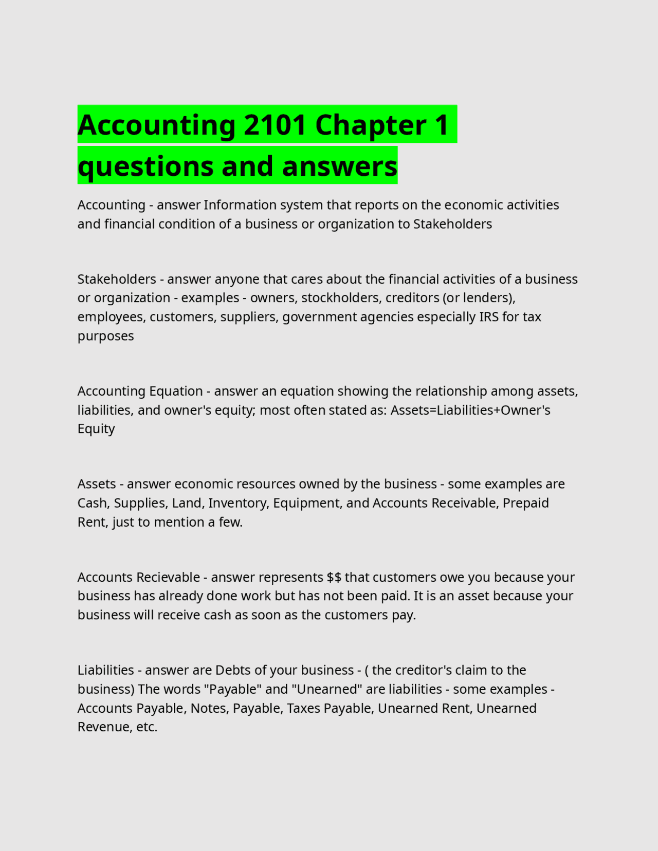 Accounting 2101 Chapter 1 questions and answers.docx | Exams Biology ...