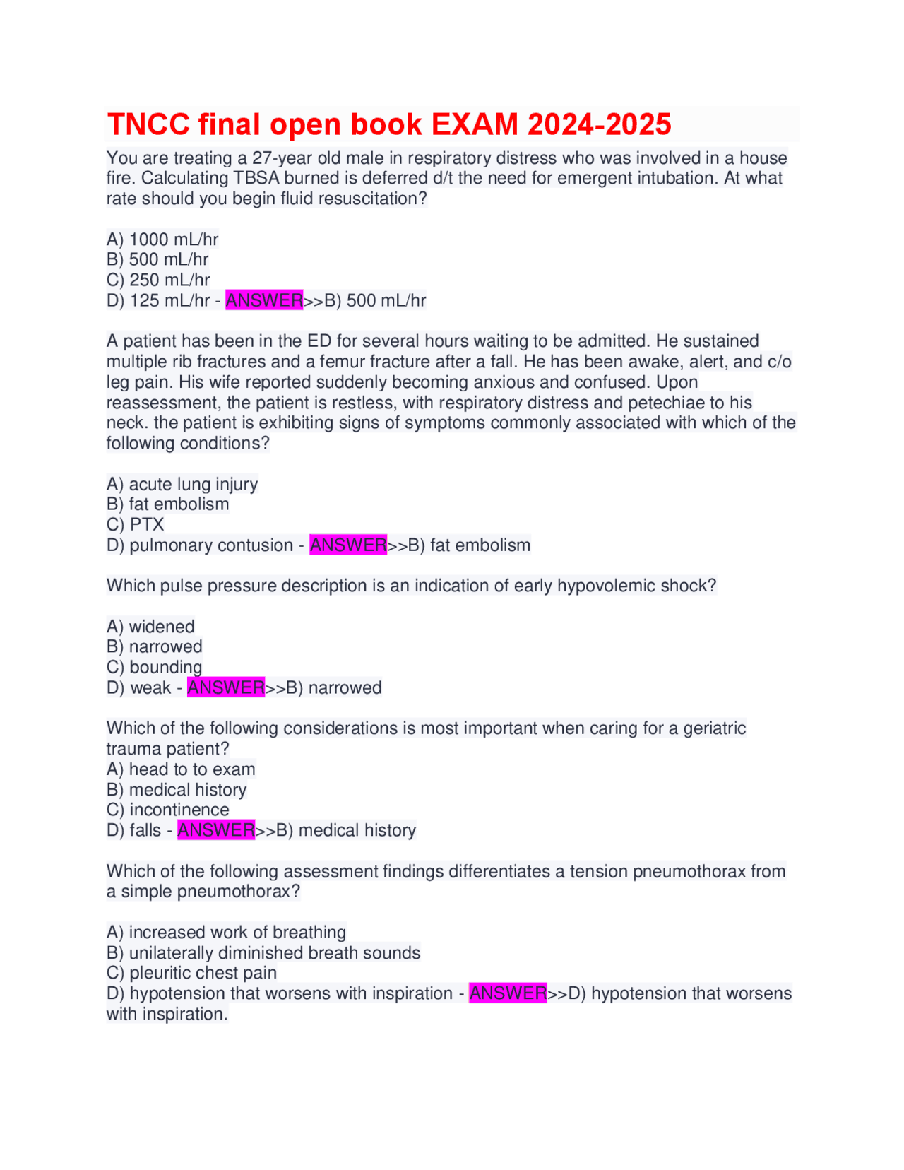 TNCC final open book EXAM 2024-2025 | Exams Nursing | Docsity