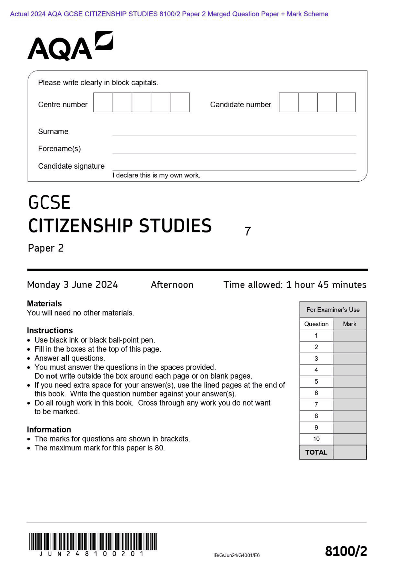 Actual 2024 AQA GCSE CITIZENSHIP STUDIES 8100/2 Paper 2 Merged Question ...