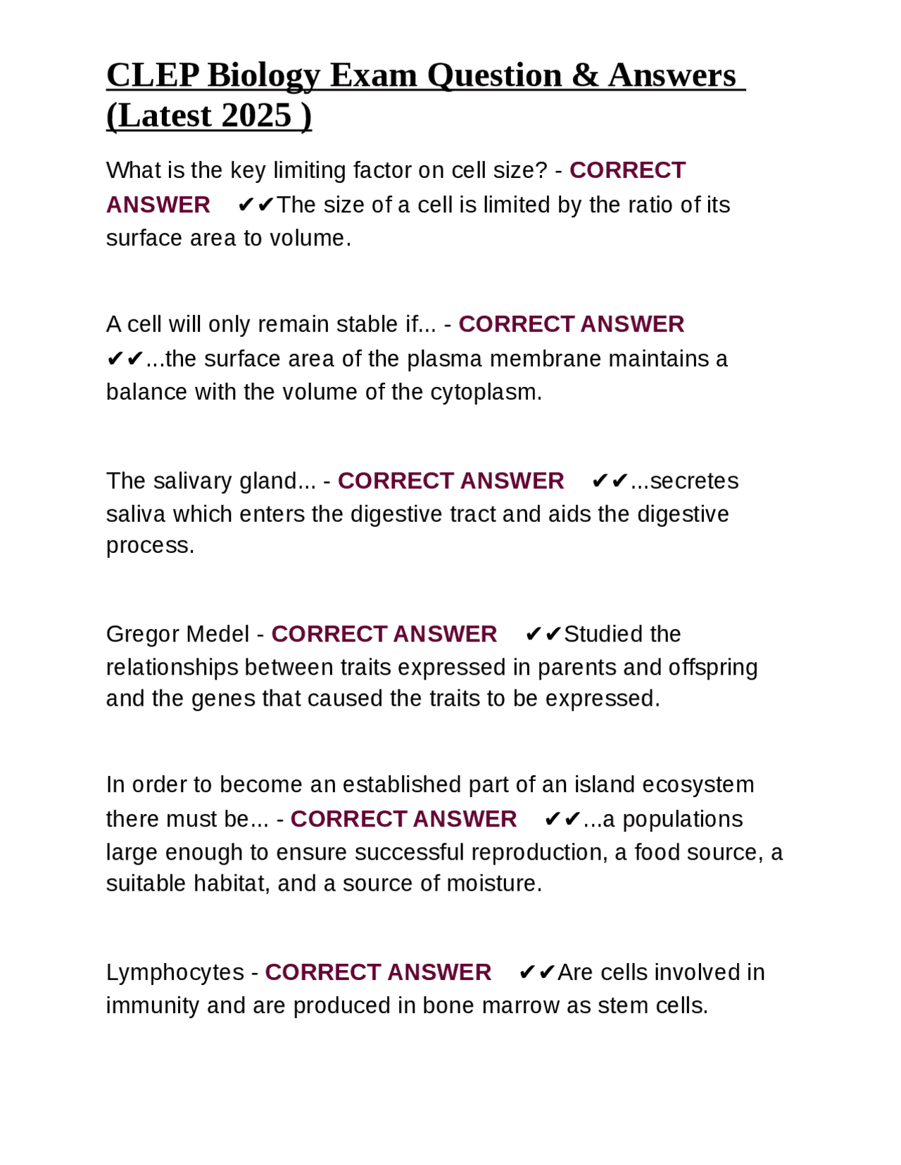 CLEP Biology Exam Question & Answers (Latest 2025 ) | Exams Nursing ...