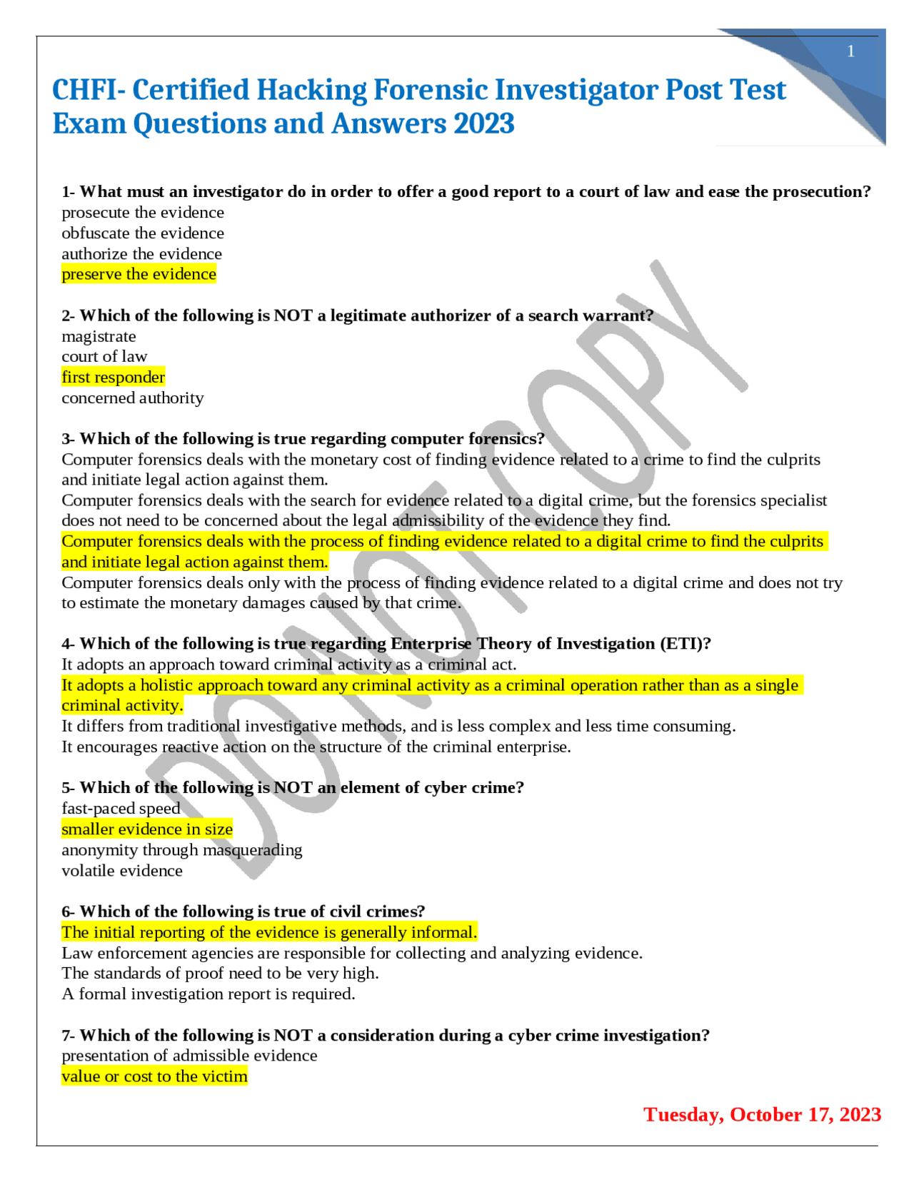 CHFI Certified Hacking Forensic Investigator Post-Test Exam Questions ...