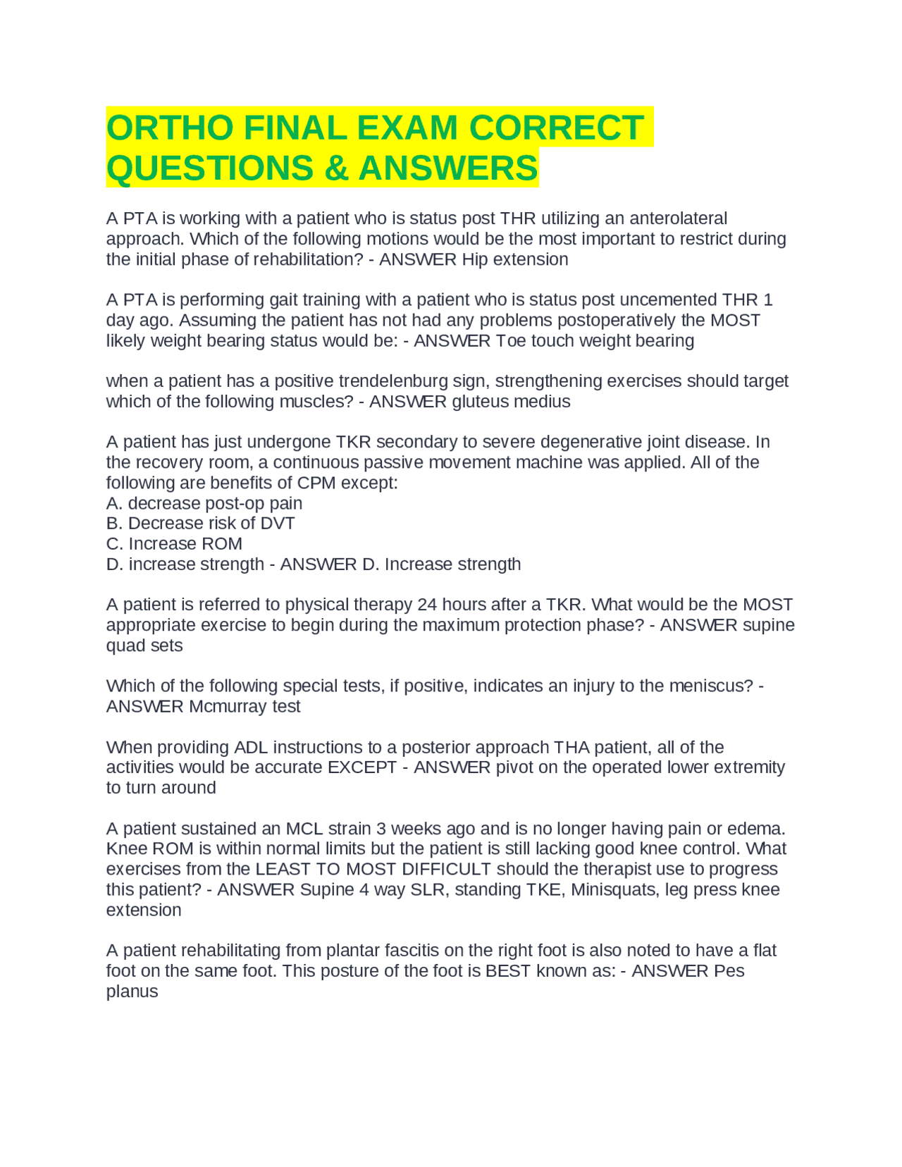 ORTHO FINAL EXAM CORRECT QUESTIONS & ANSWERS | Exams Nursing | Docsity
