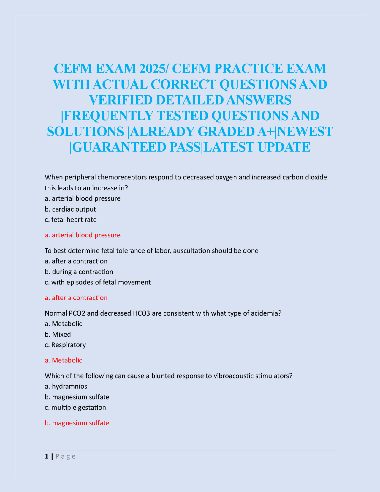 CEFM EXAM 2025/ CEFM PRACTICE EXAM | Exams Nursing | Docsity