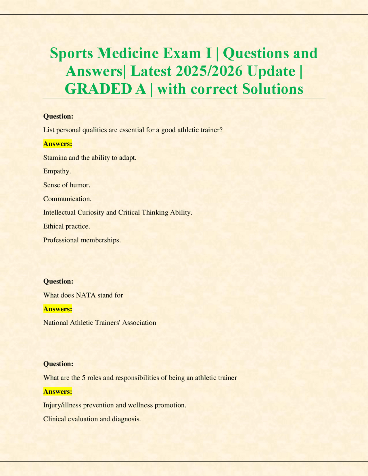 Sports Medicine Exam I 2025/2026 – Verified Questions and Correct ...