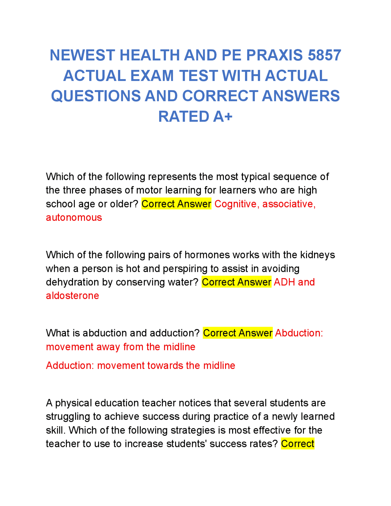 NEWEST HEALTH AND PE PRAXIS 5857 ACTUAL EXAM TEST WITH ACTUAL QUESTIONS ...