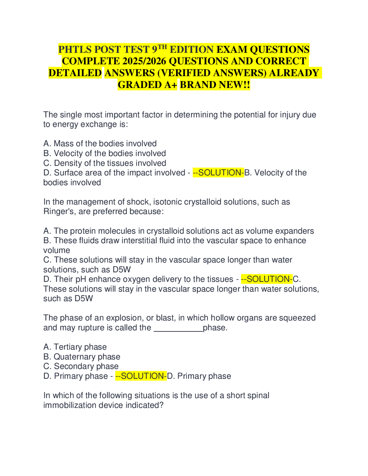 PHTLS Post Test 9th Edition Exam Questions and Answers 2025–2026 ...