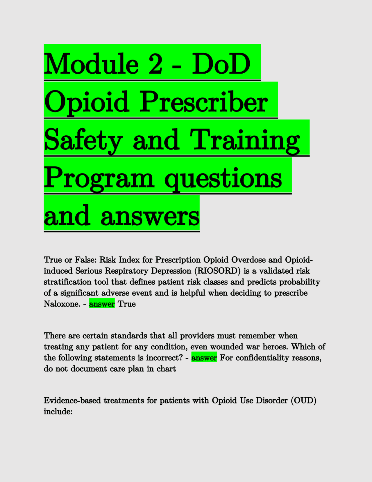 Module 2 - DoD Opioid Prescriber Safety and Training Program questions ...