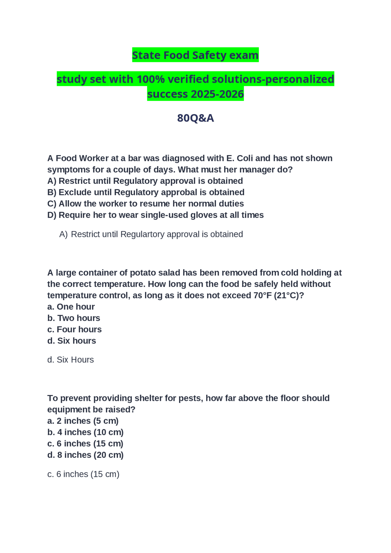 State Food Safety exam study set with 100% verified solutions ...