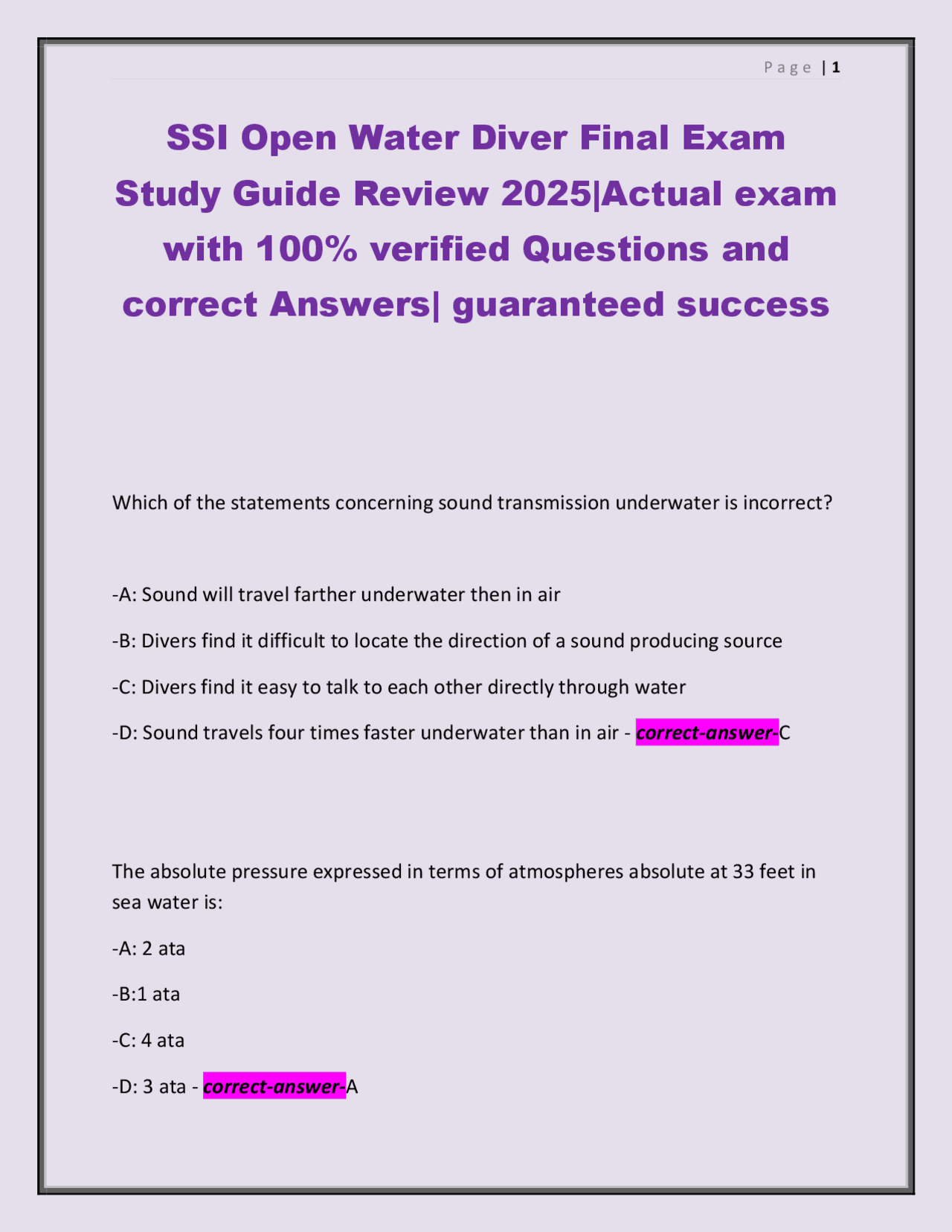 SSI Open Water Diver Final Exam Study Guide Review 2025|Actual exam with verified Answers ...