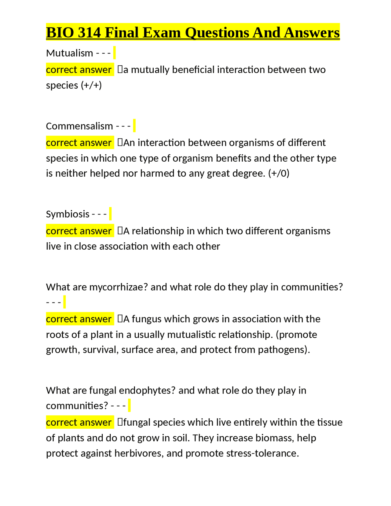 BIO 314 Final Exam Questions and Answers: Ecology and Community ...