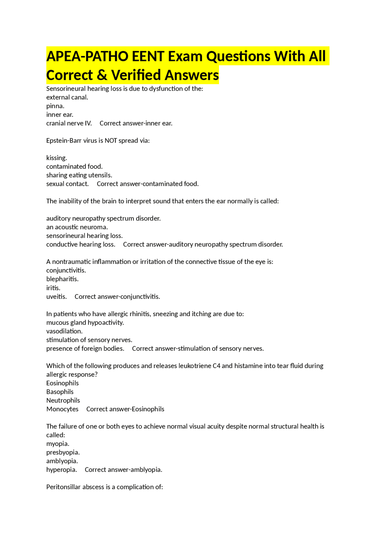 APEA-PATHO EENT Exam Questions With All Correct & Verified Answers ...