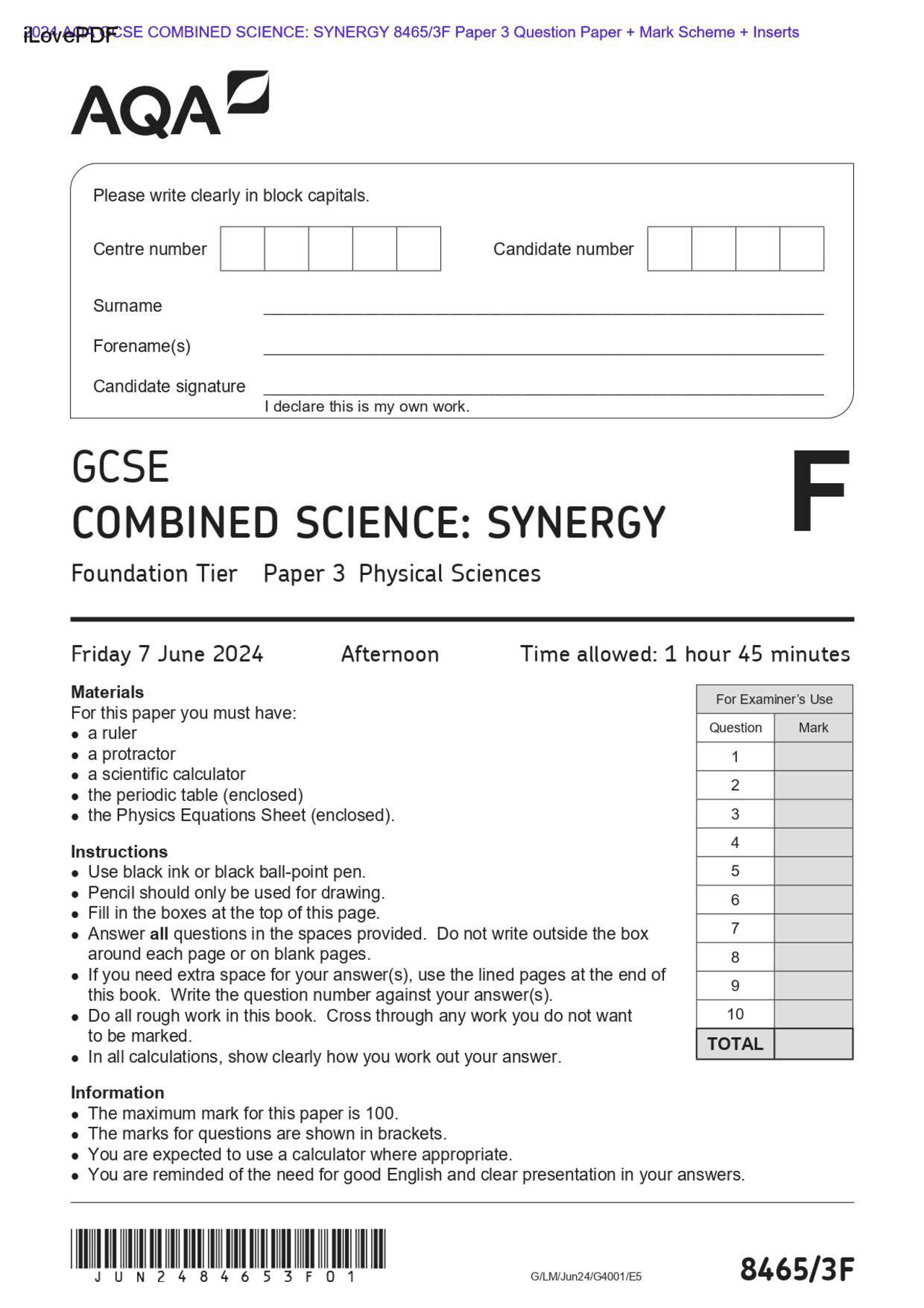2024 AQA GCSE COMBINED SCIENCE: SYNERGY 8465/3F Paper 3 Question Paper + Mark Scheme + Ins ...