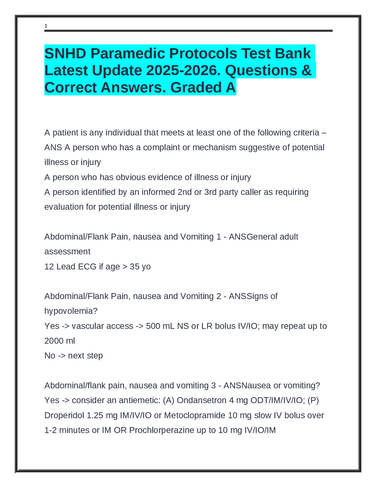 SNHD Paramedic Protocols Test Bank Latest Update 2025-2026. Questions ...