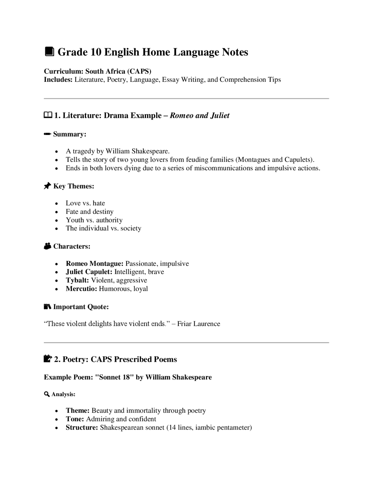 Grade 10 English Home Language Notes | Study notes English | Docsity