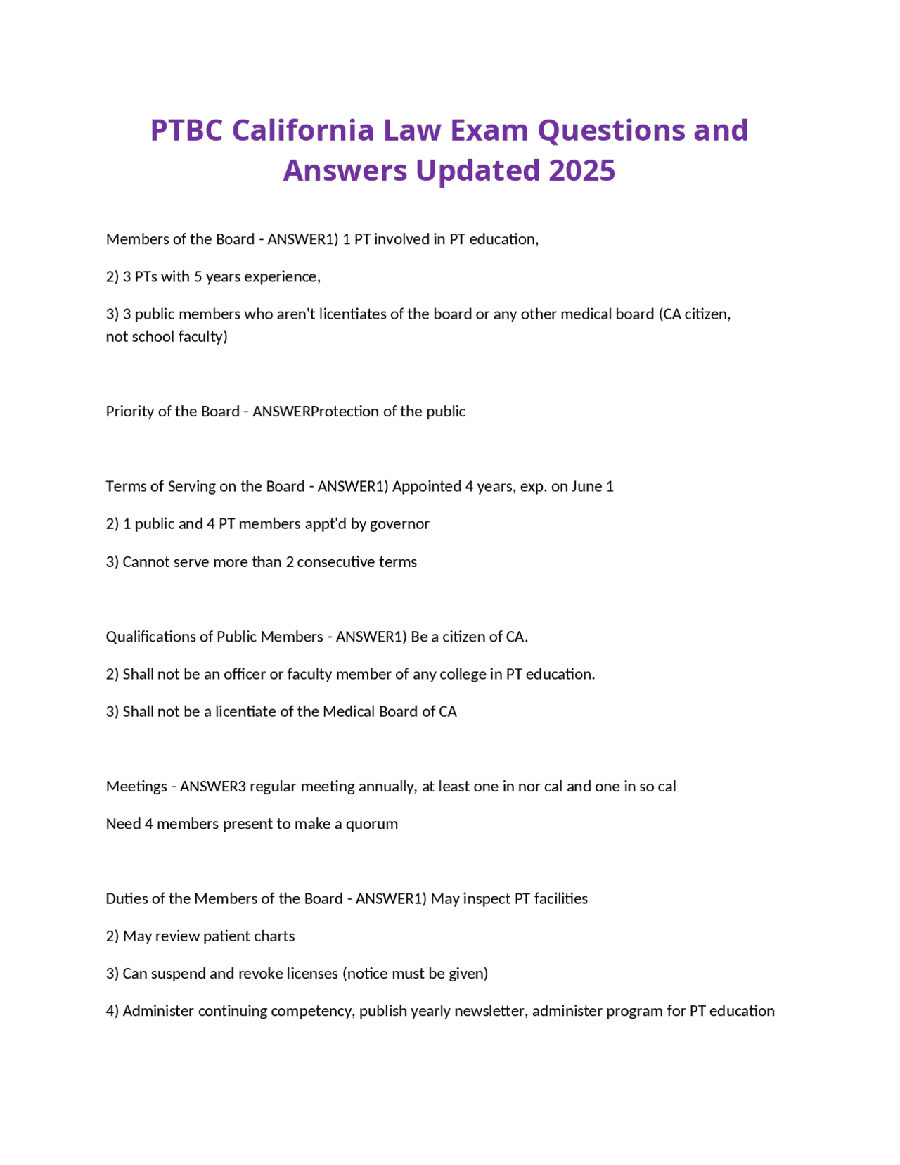 PTBC California Law Exam Questions and Answers Updated 2025 | Exams ...