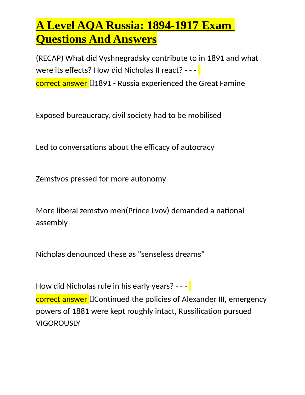 A Level AQA Russia: 1894-1917 Exam Questions And Answers | Exams ...