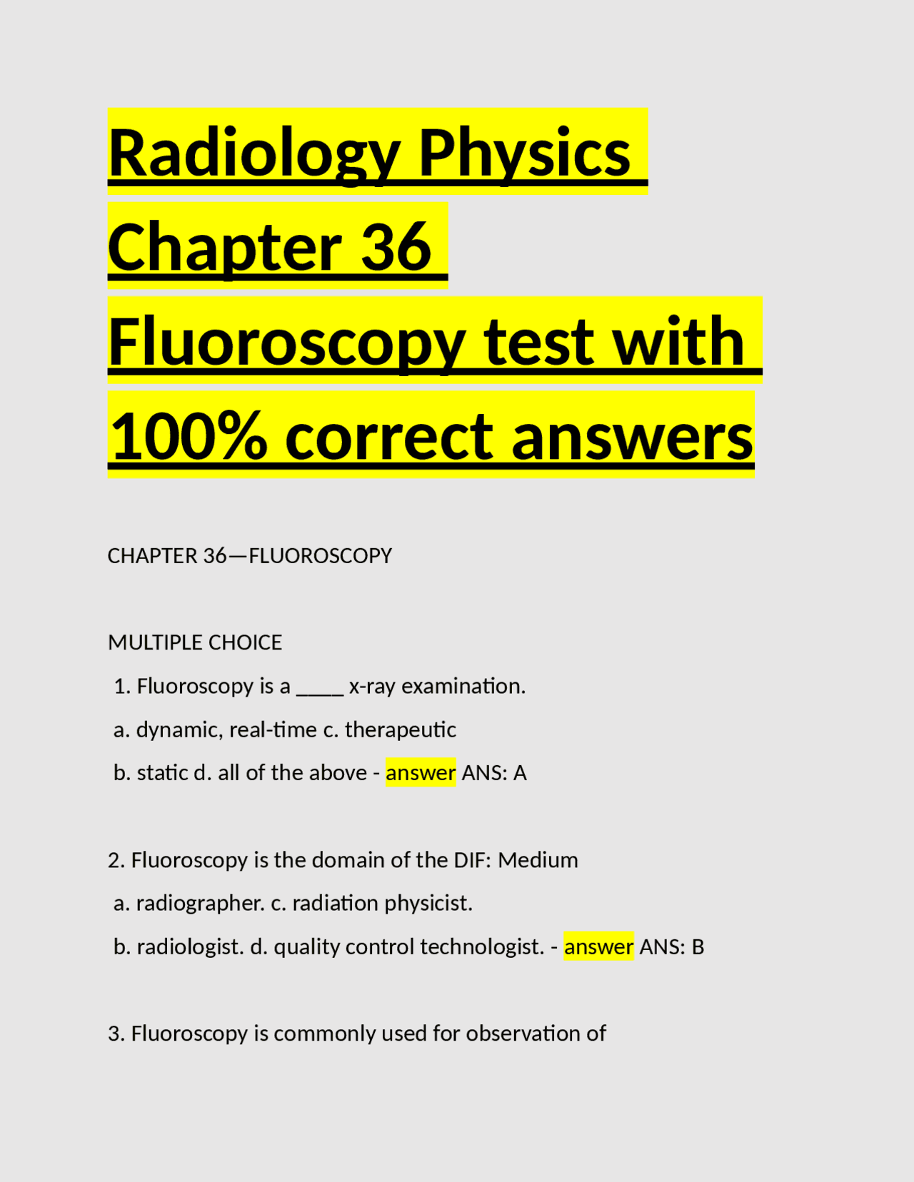 Radiology Physics Chapter 36 Fluoroscopy test with 100% correct answers ...