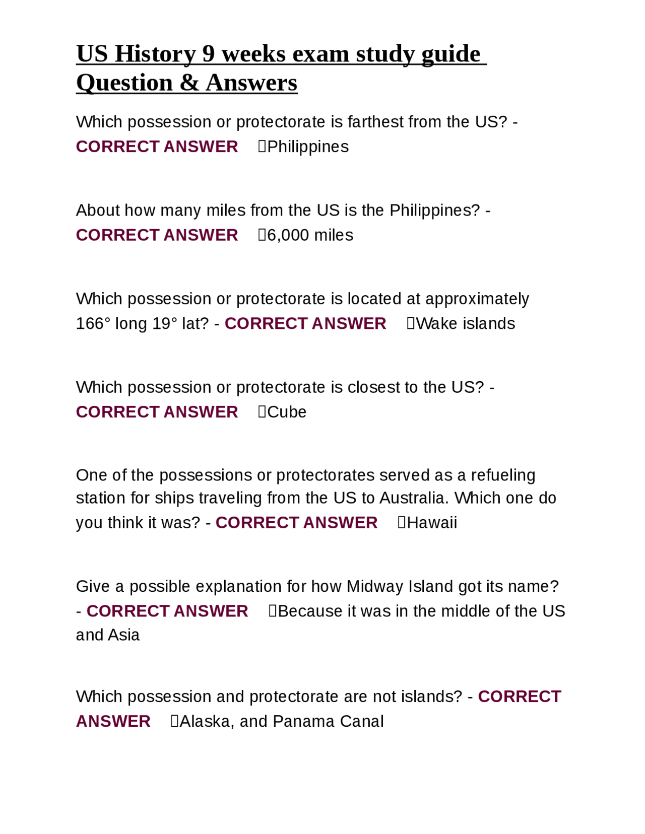 US History 9 weeks exam study guide Question & Answers | Exams Nursing | Docsity