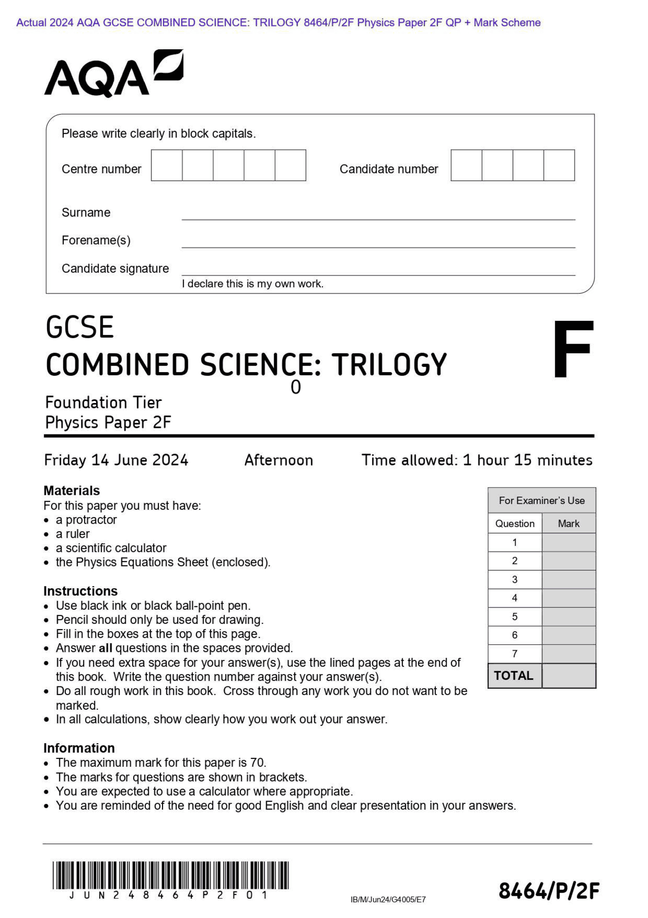 Actual 2024 AQA GCSE COMBINED SCIENCE: TRILOGY 8464/P/2F Physics Paper 2F QP + Mark Scheme ...