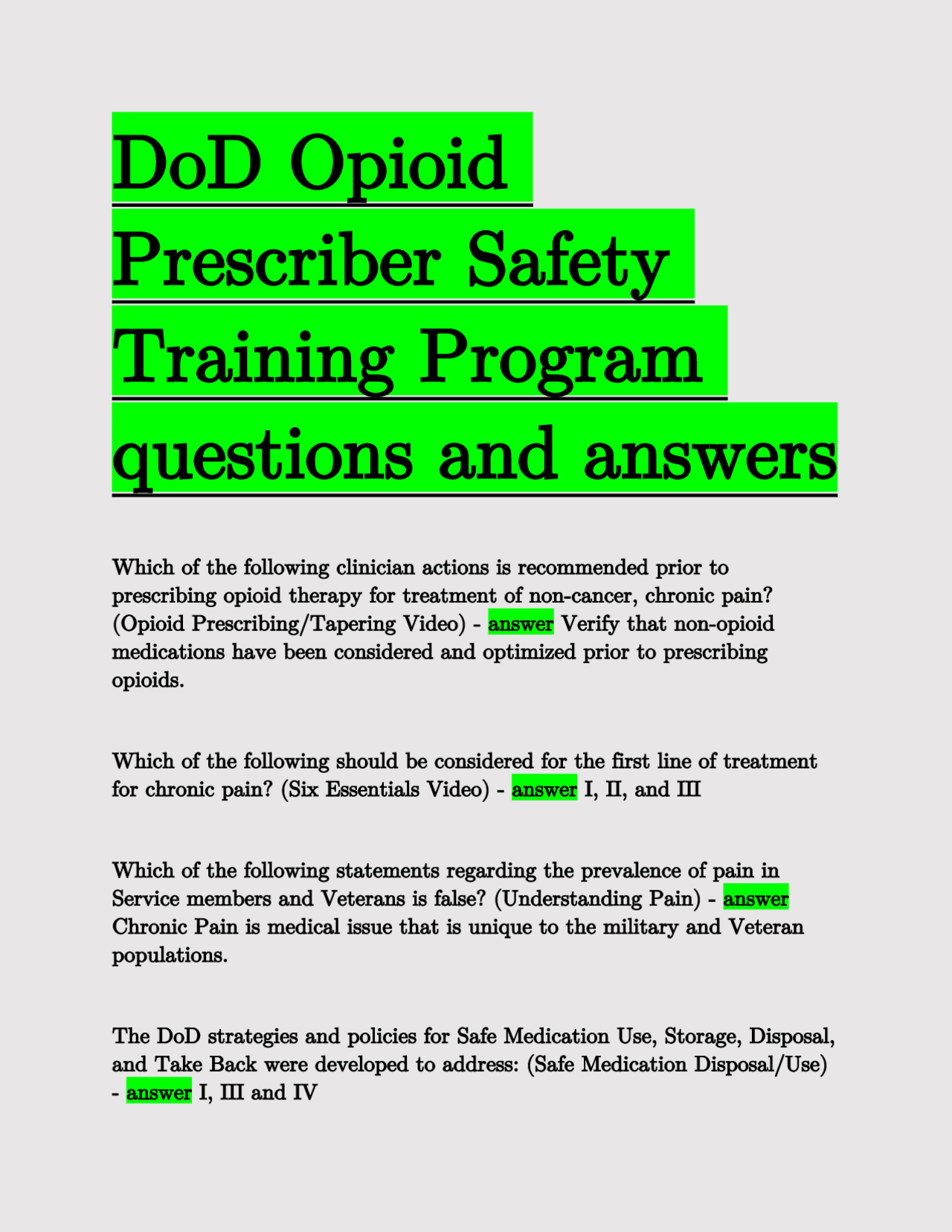 DoD Opioid Prescriber Safety Training Program questions and answers ...