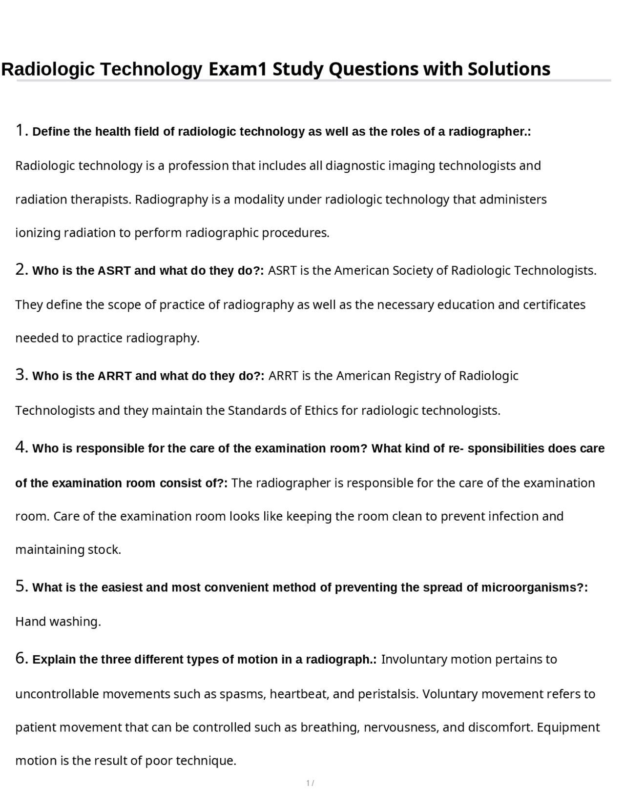 Radiologic Technology Exam Study Questions and Answers | Exams ...