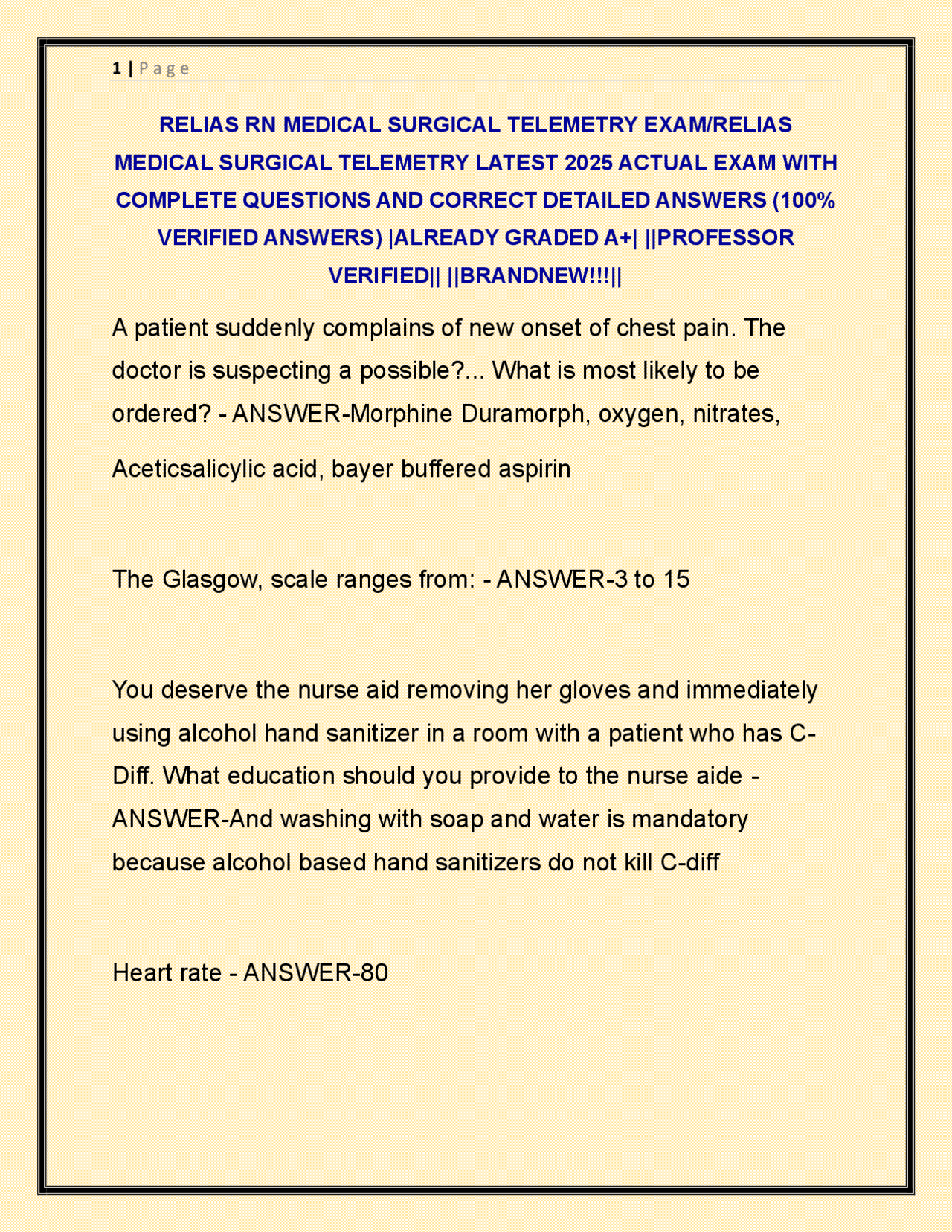 RELIAS RN MEDICAL SURGICAL TELEMETRY EXAM/RELIAS MEDICAL SURGICAL ...