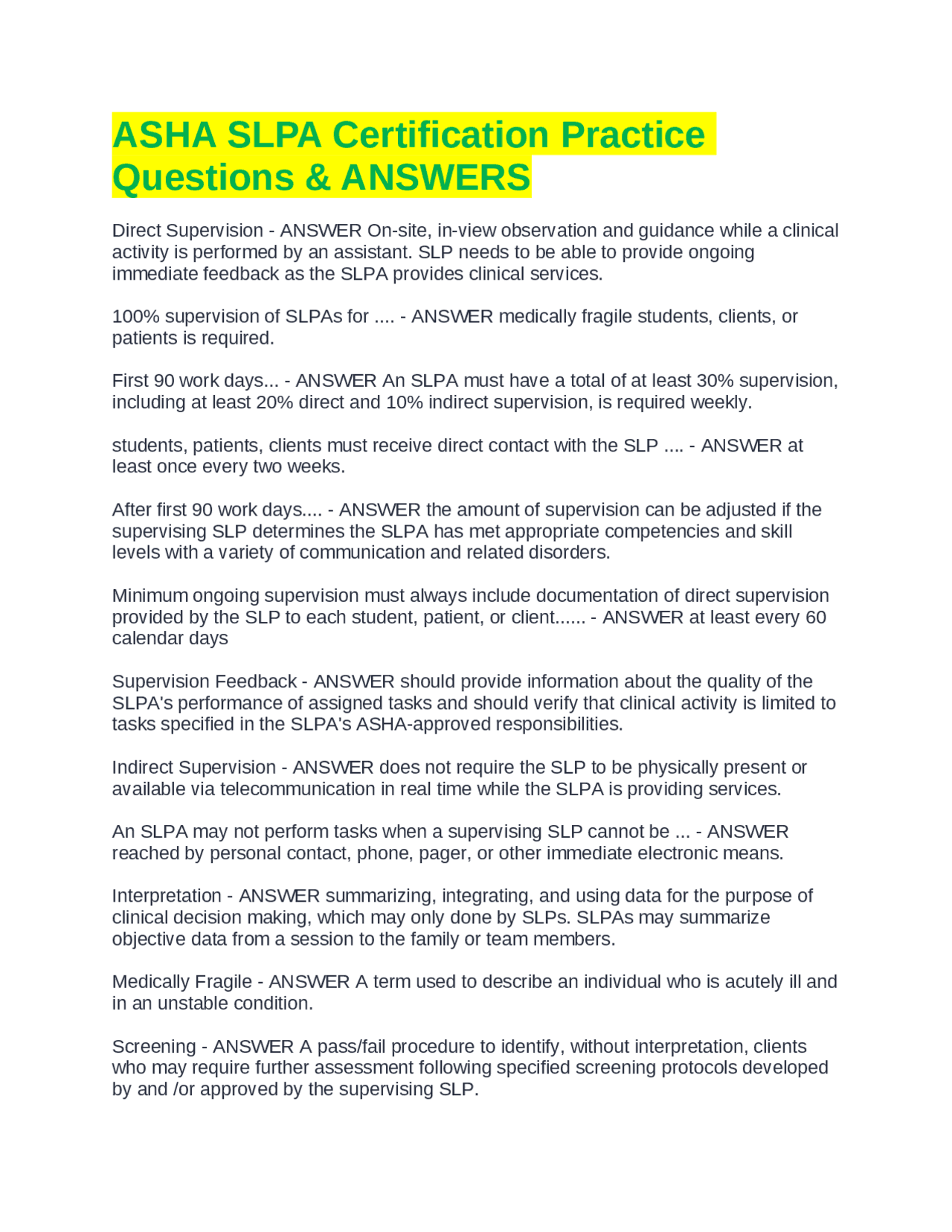 ASHA SLPA Certification Practice Questions & ANSWERS | Exams Business ...