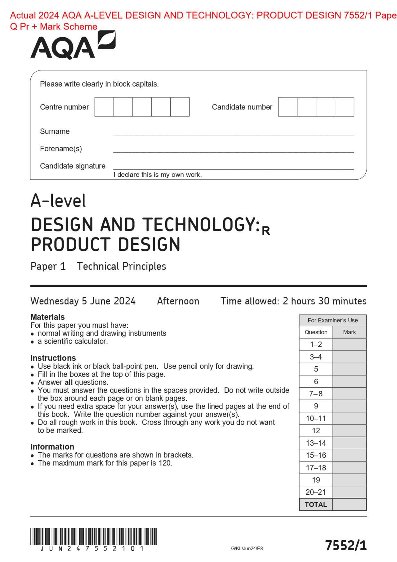 Actual 2024 AQA A-LEVEL DESIGN AND TECHNOLOGY: PRODUCT DESIGN 7552/1 ...
