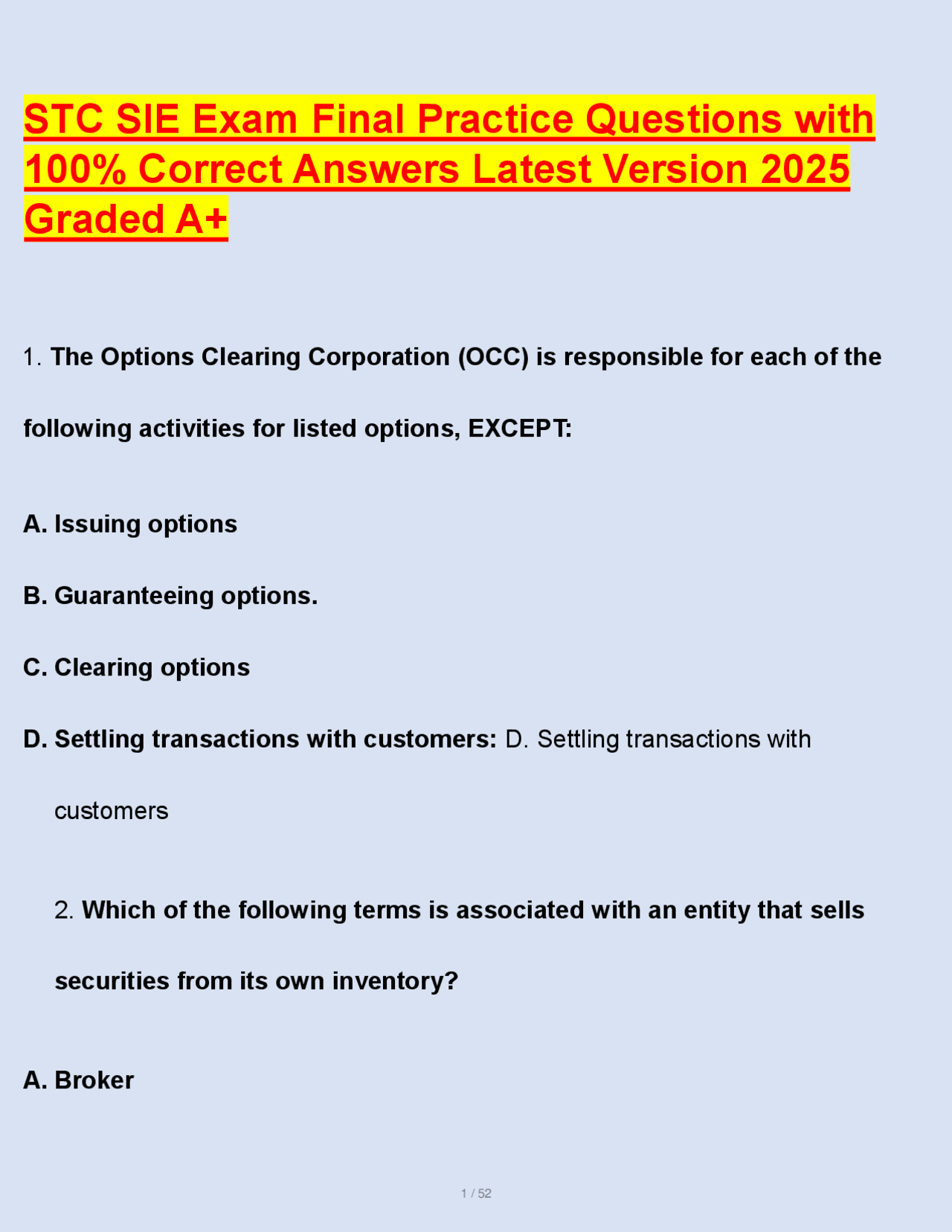 STC SIE Exam Final Practice Questions and Answers | Exams Nursing | Docsity