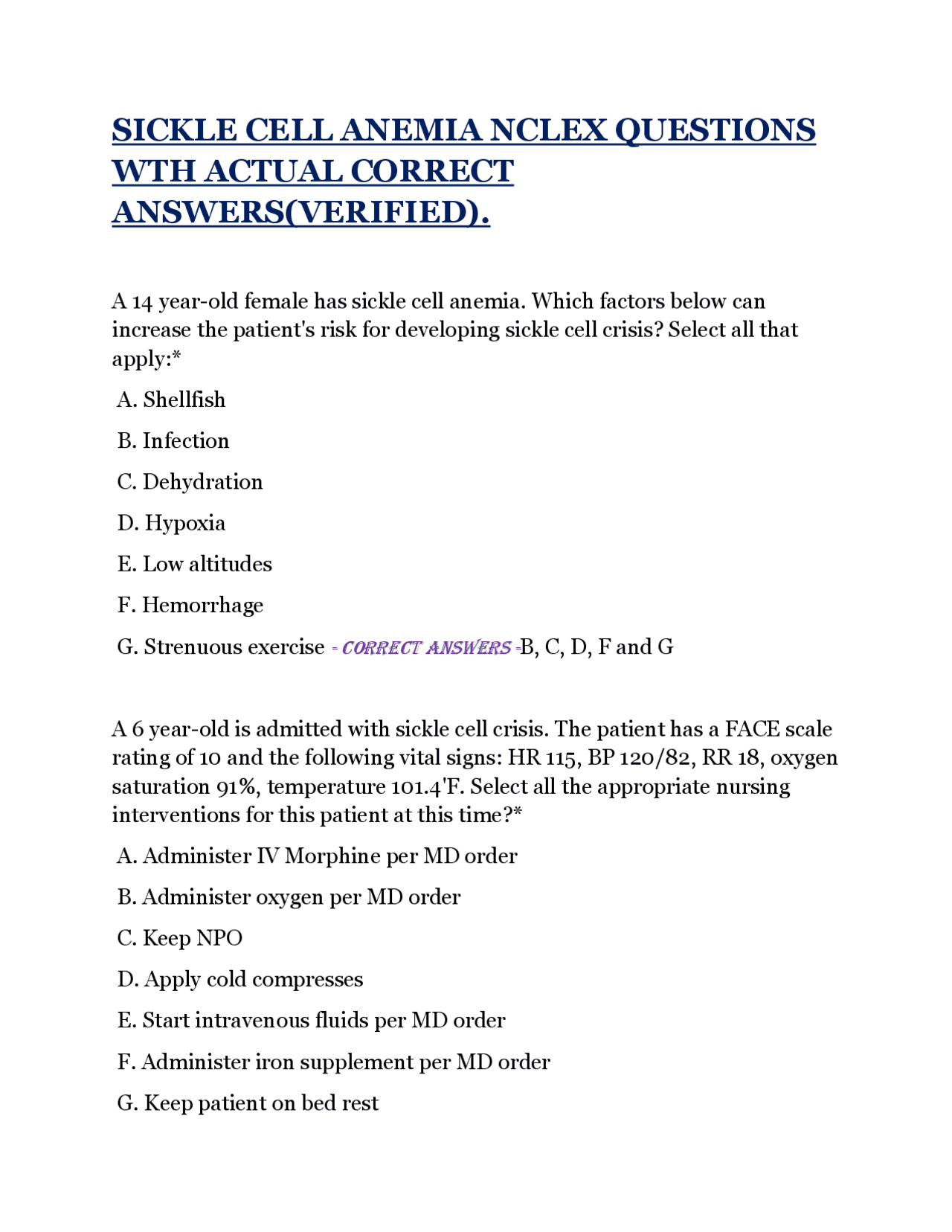 SICKLE CELL ANEMIA NCLEX QUESTIONS WTH ACTUAL CORRECT ANSWERS(VERIFIED ...