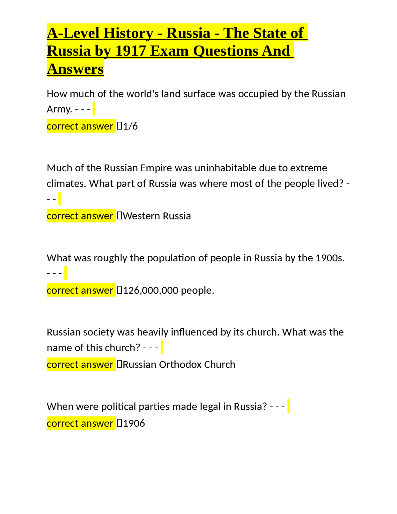 A-Level History - Russia - The State of Russia by 1917 Exam Questions ...
