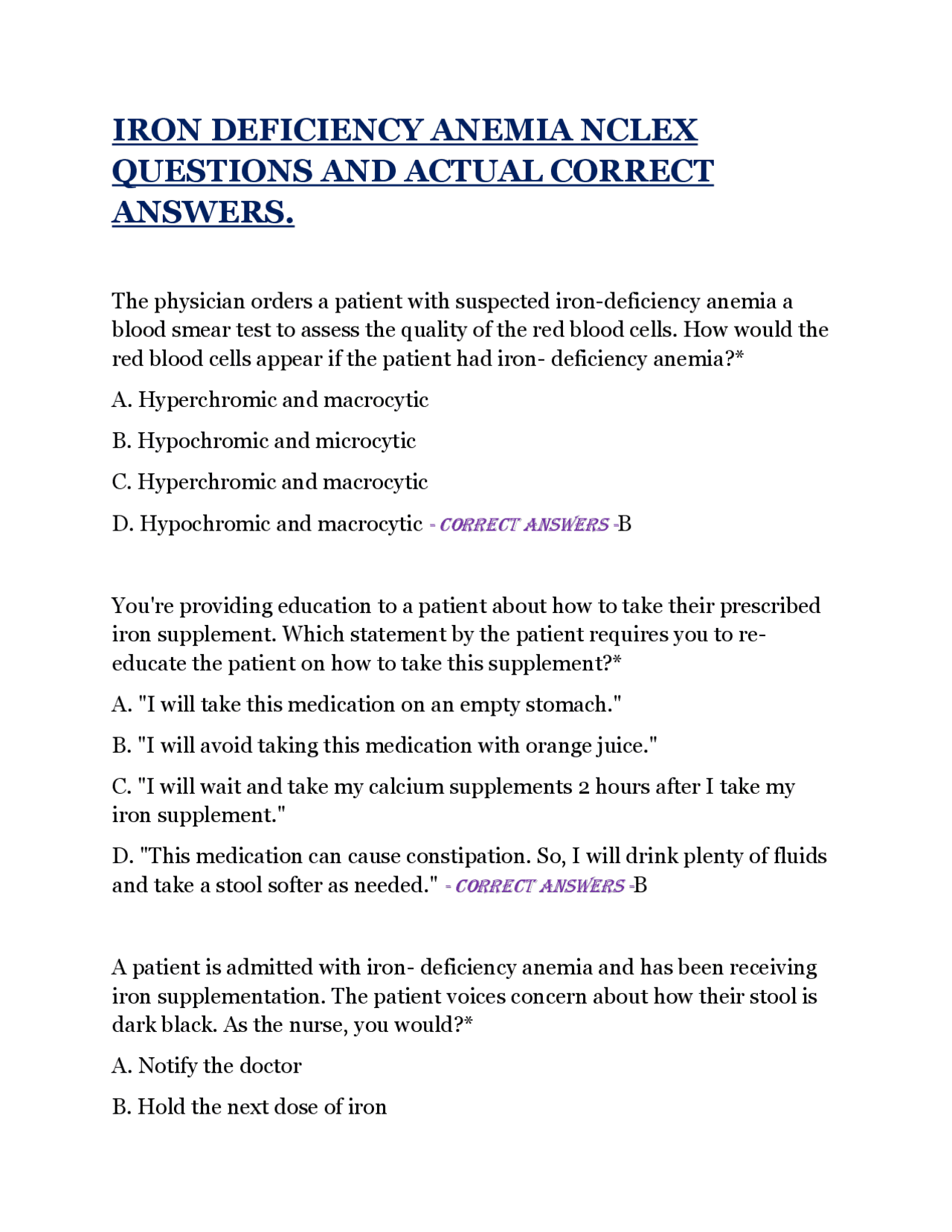 IRON DEFICIENCY ANEMIA NCLEX QUESTIONS AND ACTUAL CORRECT ANSWERS ...