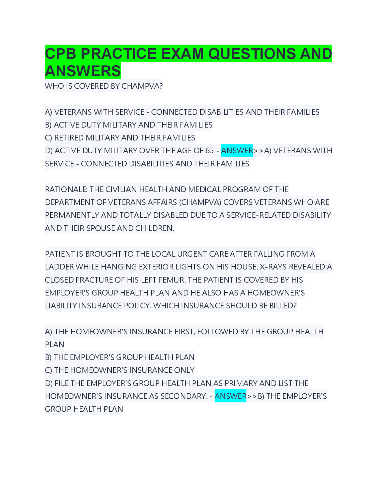 CPB Practice Exam Questions and Answers: Medicare, Medicaid, and Health Insurance Billing ...