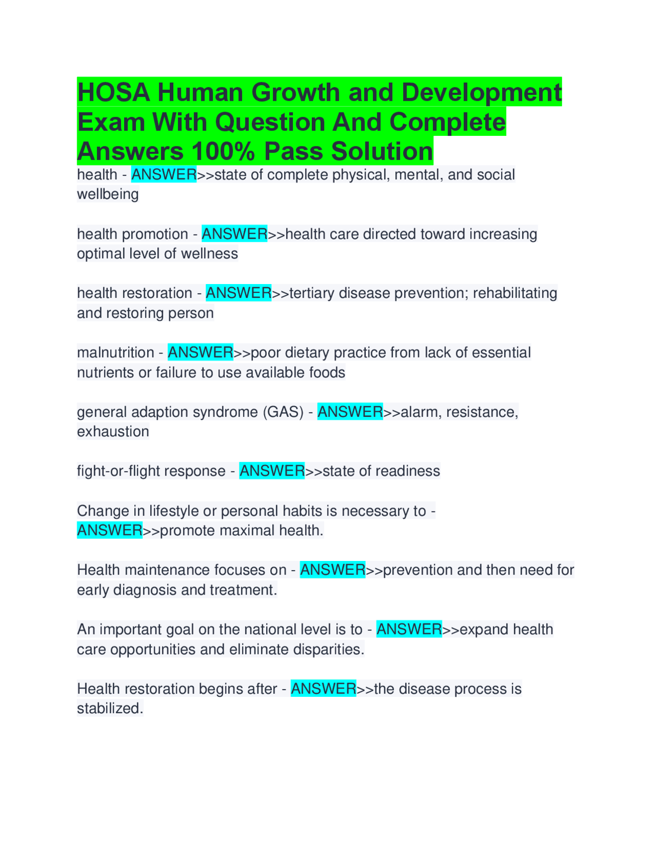 HOSA Human Growth and Development Exam With Question And Complete ...