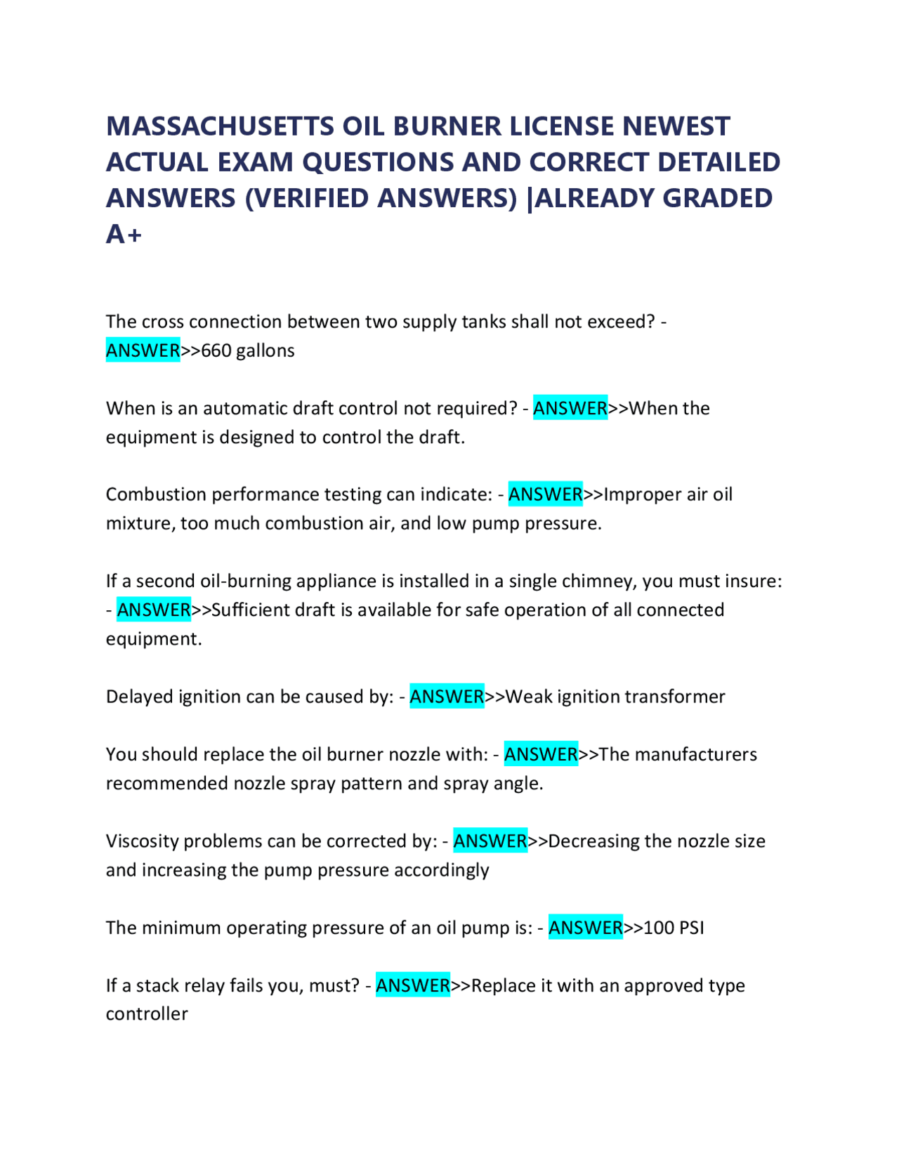 MASSACHUSETTS OIL BURNER LICENSE NEWEST ACTUAL EXAM QUESTIONS AND ...