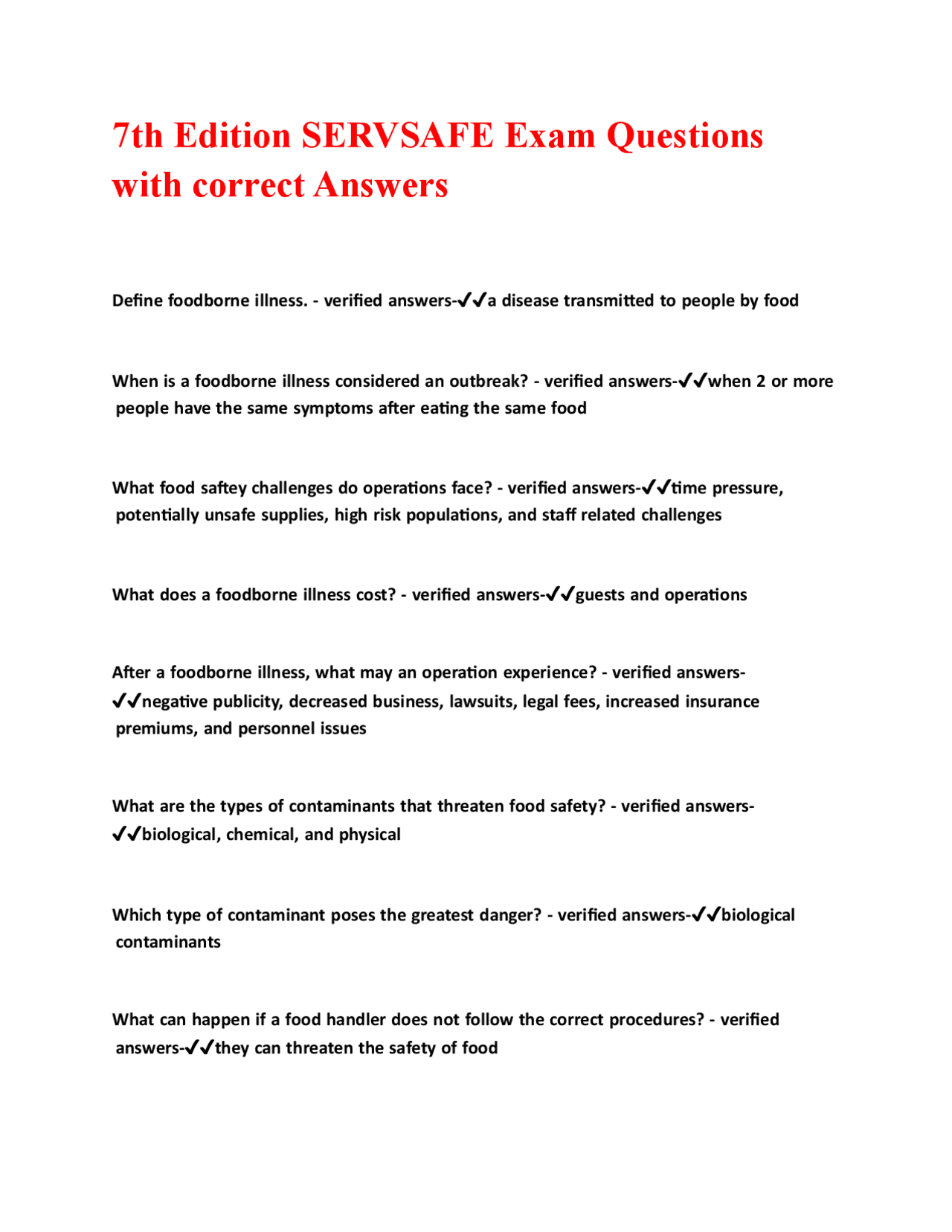 7th Edition SERVSAFE Exam Questions with correct Answers. | Exams Food ...