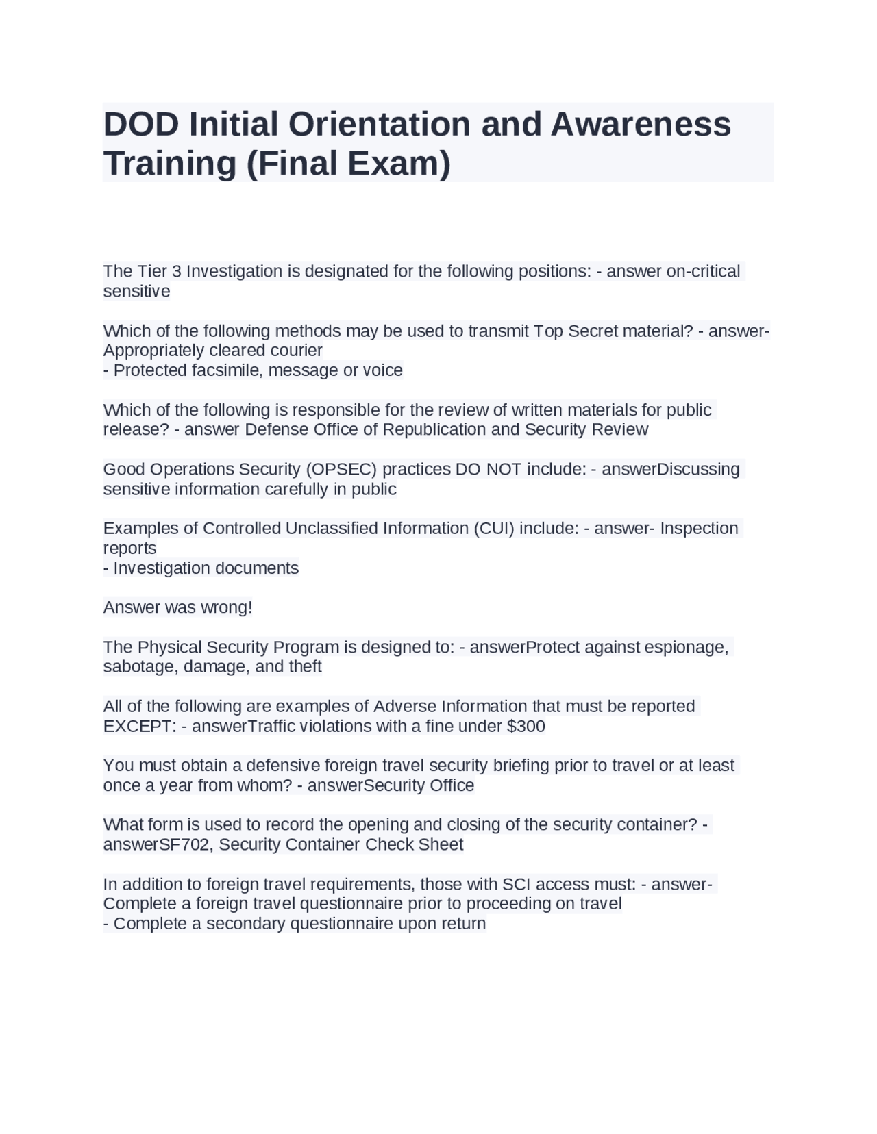 DOD Initial Orientation and Awareness Training (Final Exam) Questions ...