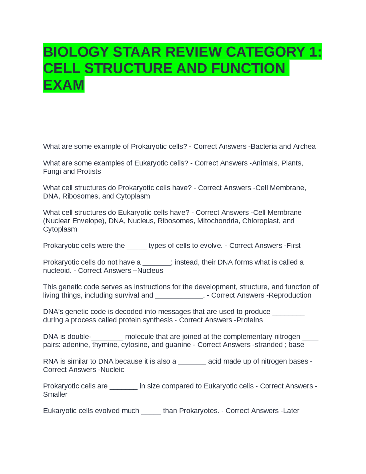 BIOLOGY STAAR REVIEW CATEGORY 1 CELL STRUCTURE AND FUNCTION EXAM ...