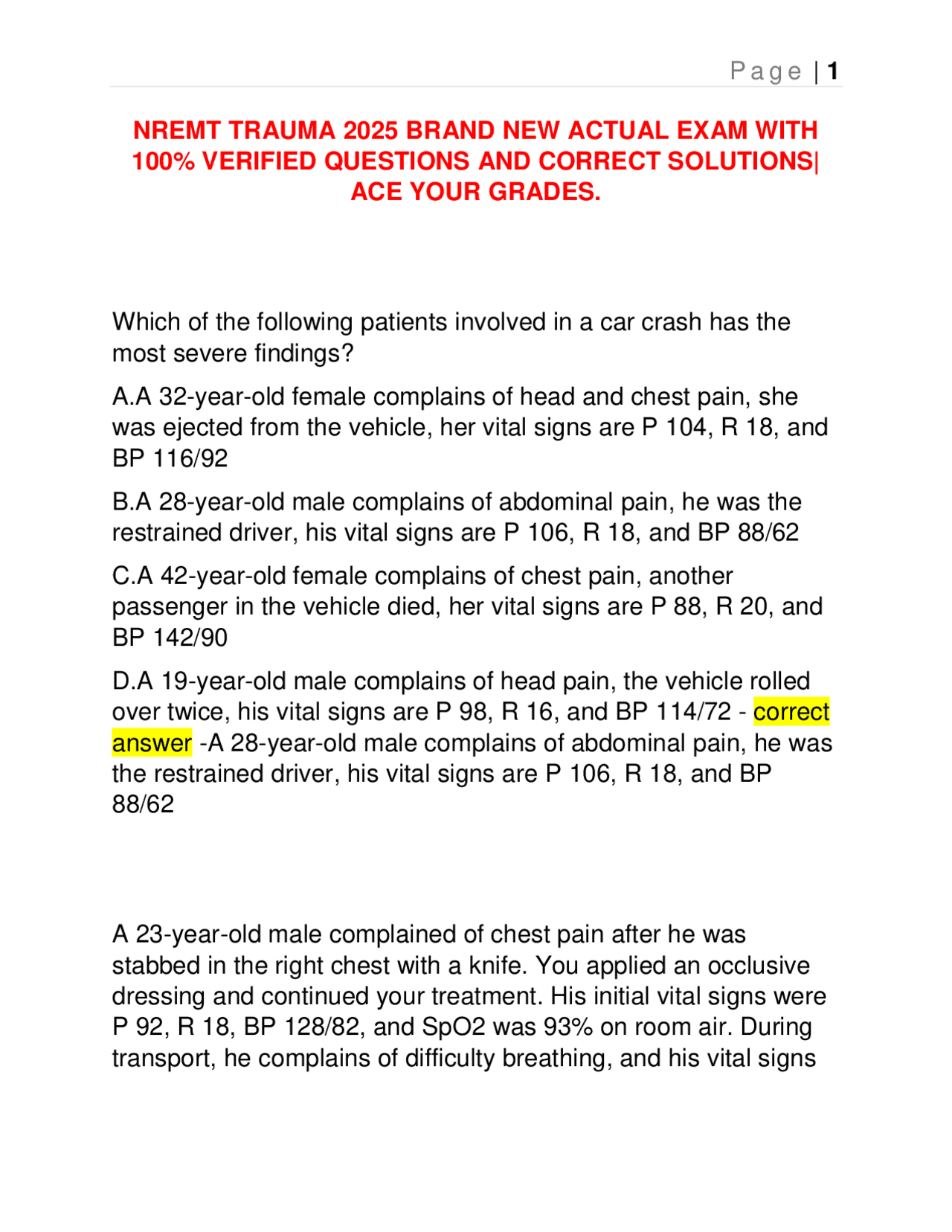 NREMT Trauma 2025 Exam: Practice Questions and Answers | Exams Nursing ...