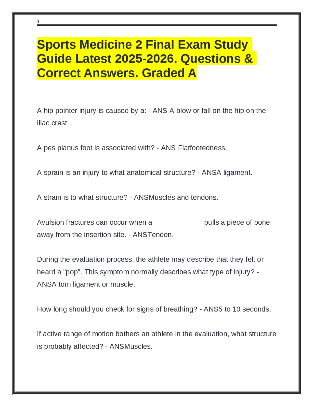 Sports Medicine 2 Final Exam Study Guide Latest 2025-2026. Questions ...